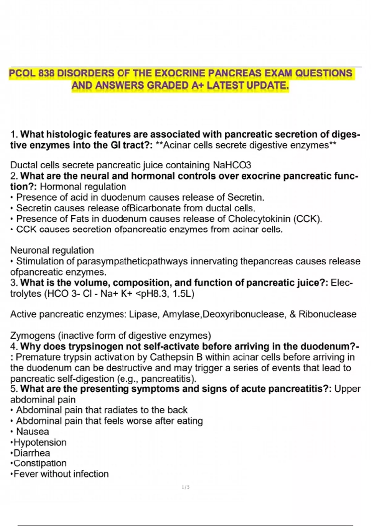 PCOL 838 DISORDERS OF THE EXOCRINE PANCREAS EXAM QUESTIONS AND ANSWERS ...