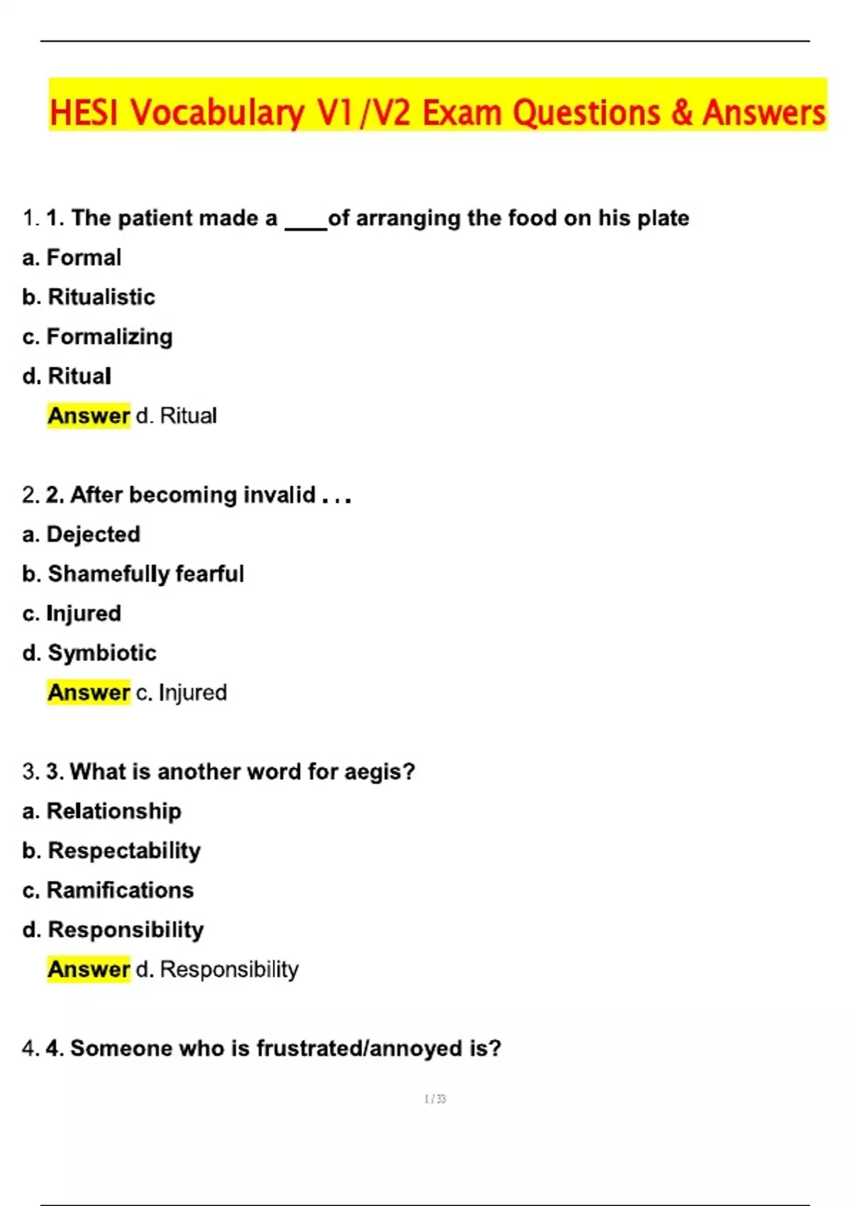 HESI Vocabulary V1 & V2 Exam Latest 2025 Actual Questions & Verified ...