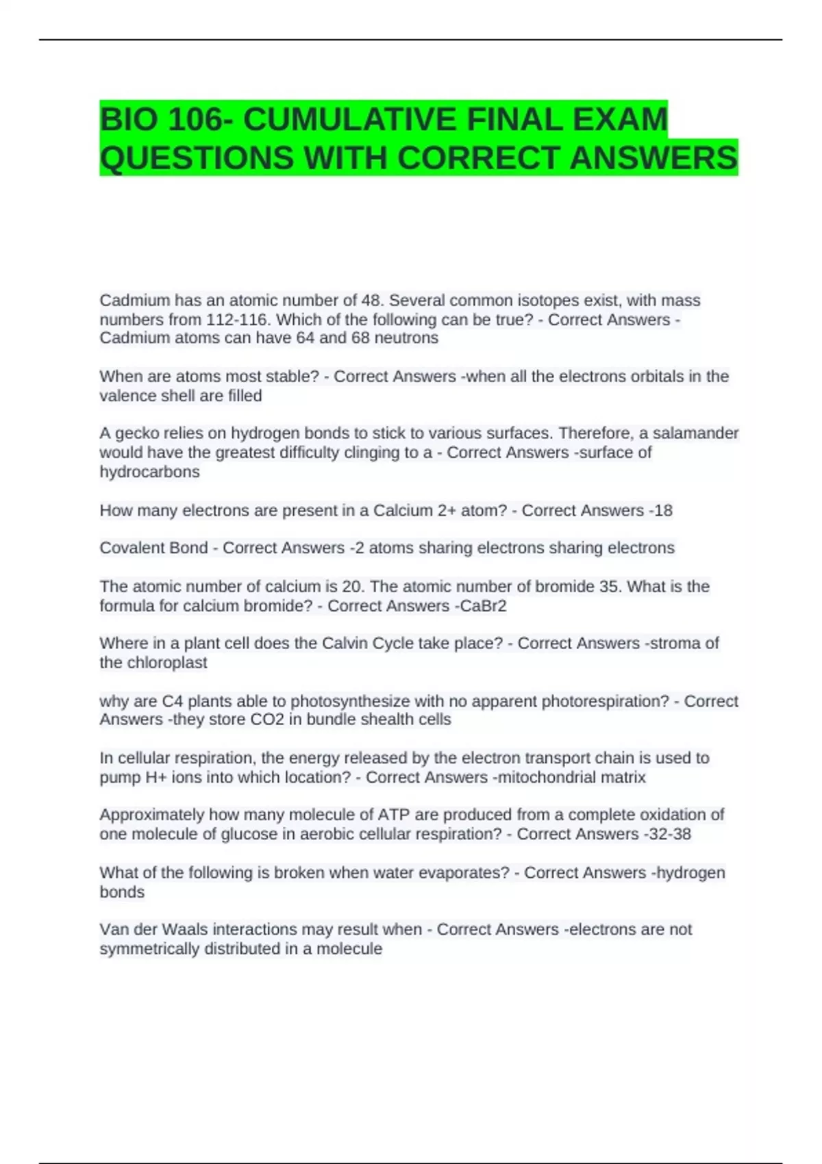 BIO 106- CUMULATIVE FINAL EXAM QUESTIONS WITH CORRECT ANSWERS - Bio 106 ...