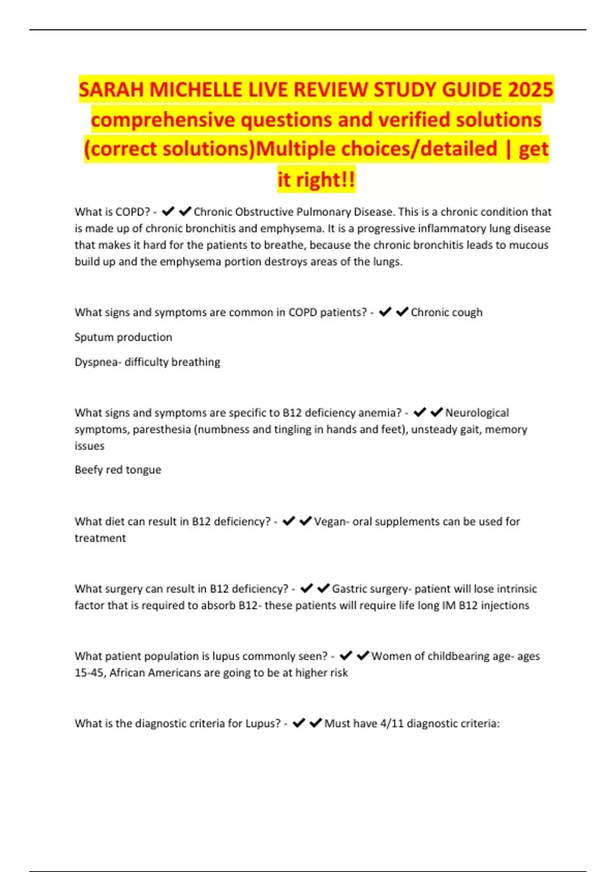 SARAH MICHELLE LIVE REVIEW STUDY GUIDE 2025 comprehensive questions and ...