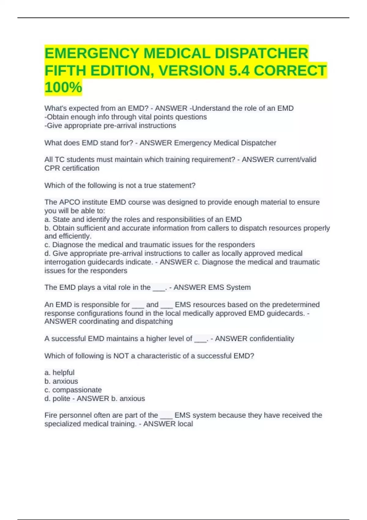 EMERGENCY MEDICAL DISPATCHER FIFTH EDITION, VERSION 5.4 CORRECT 100% ...