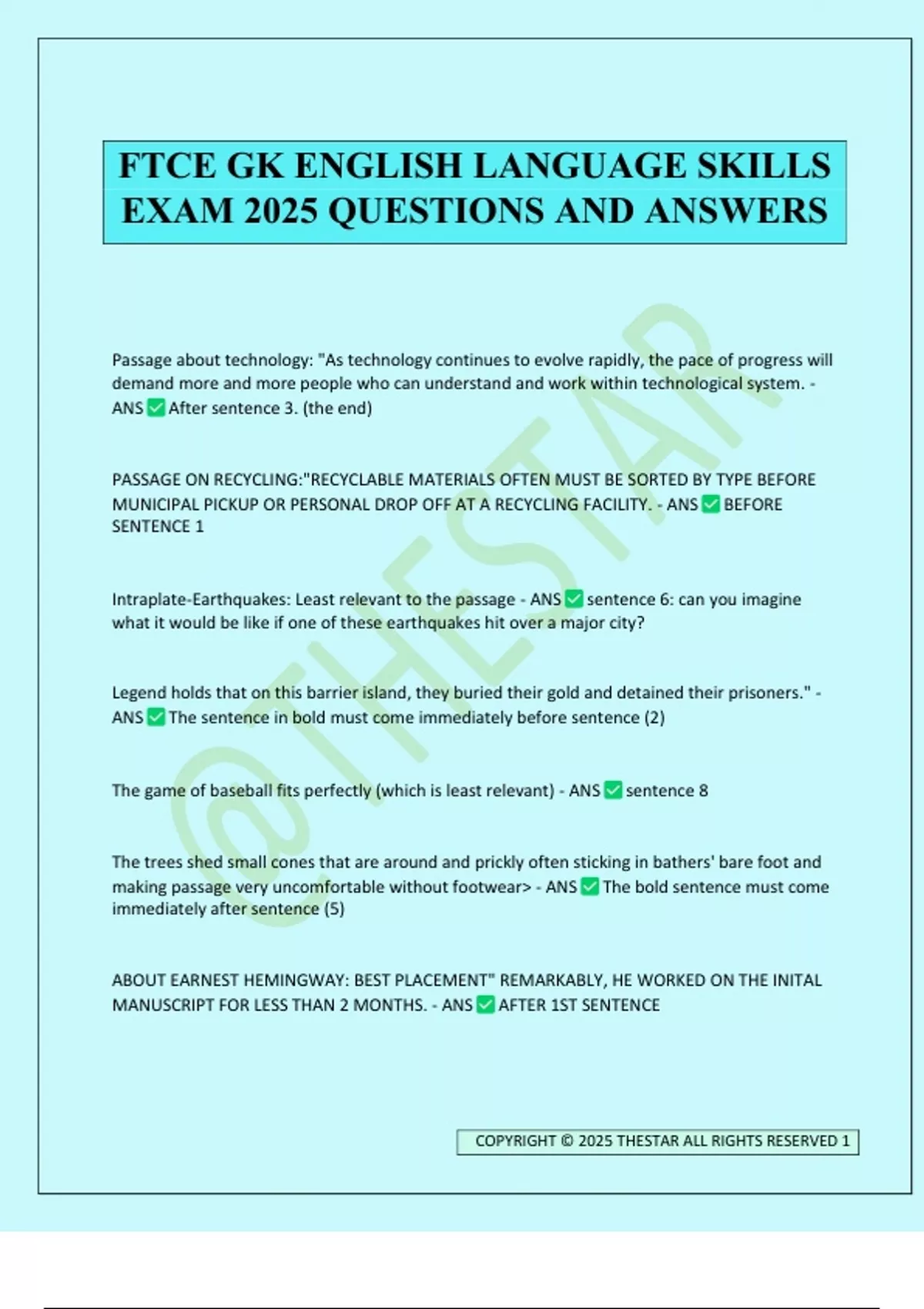 FTCE GK ENGLISH LANGUAGE SKILLS EXAM 2025 QUESTIONS AND ANSWERS - FTCE ...