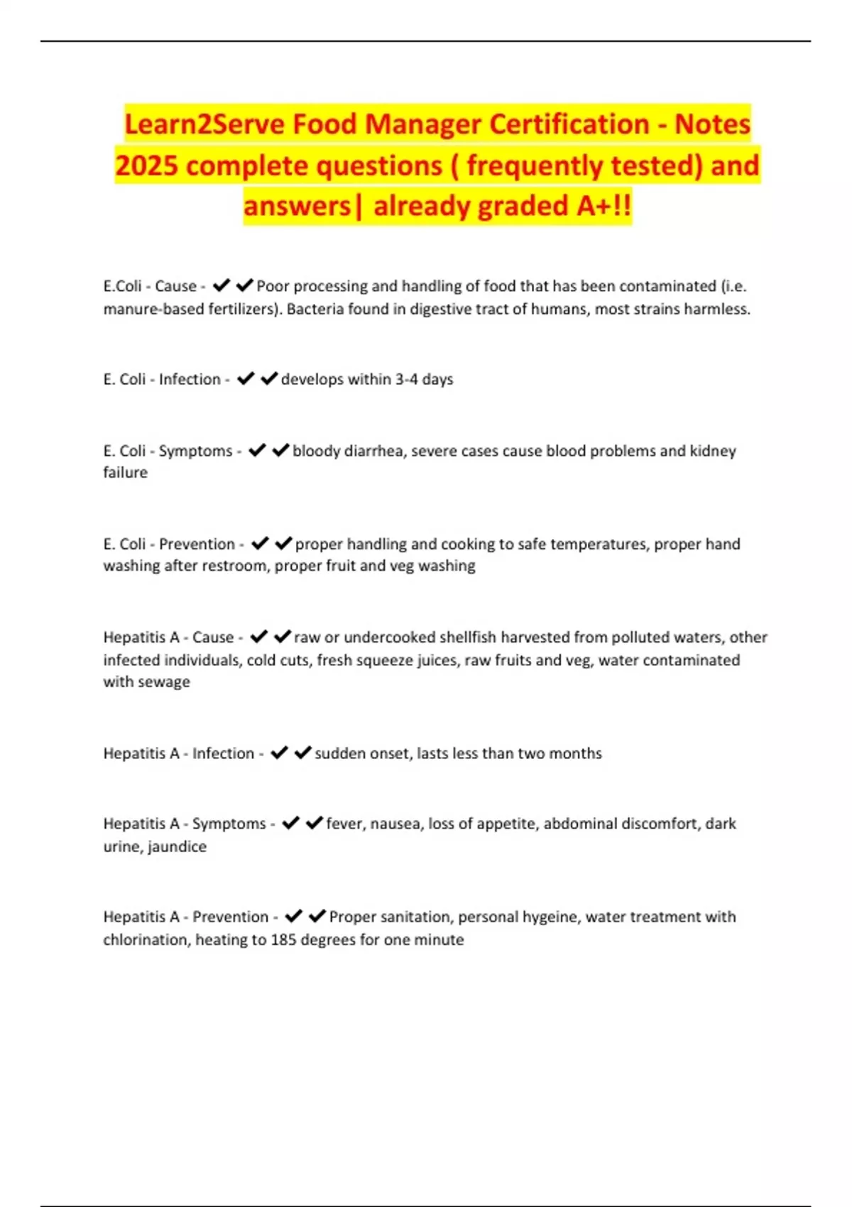 Learn2Serve Food Manager Certification - Notes 2025 complete questions ...