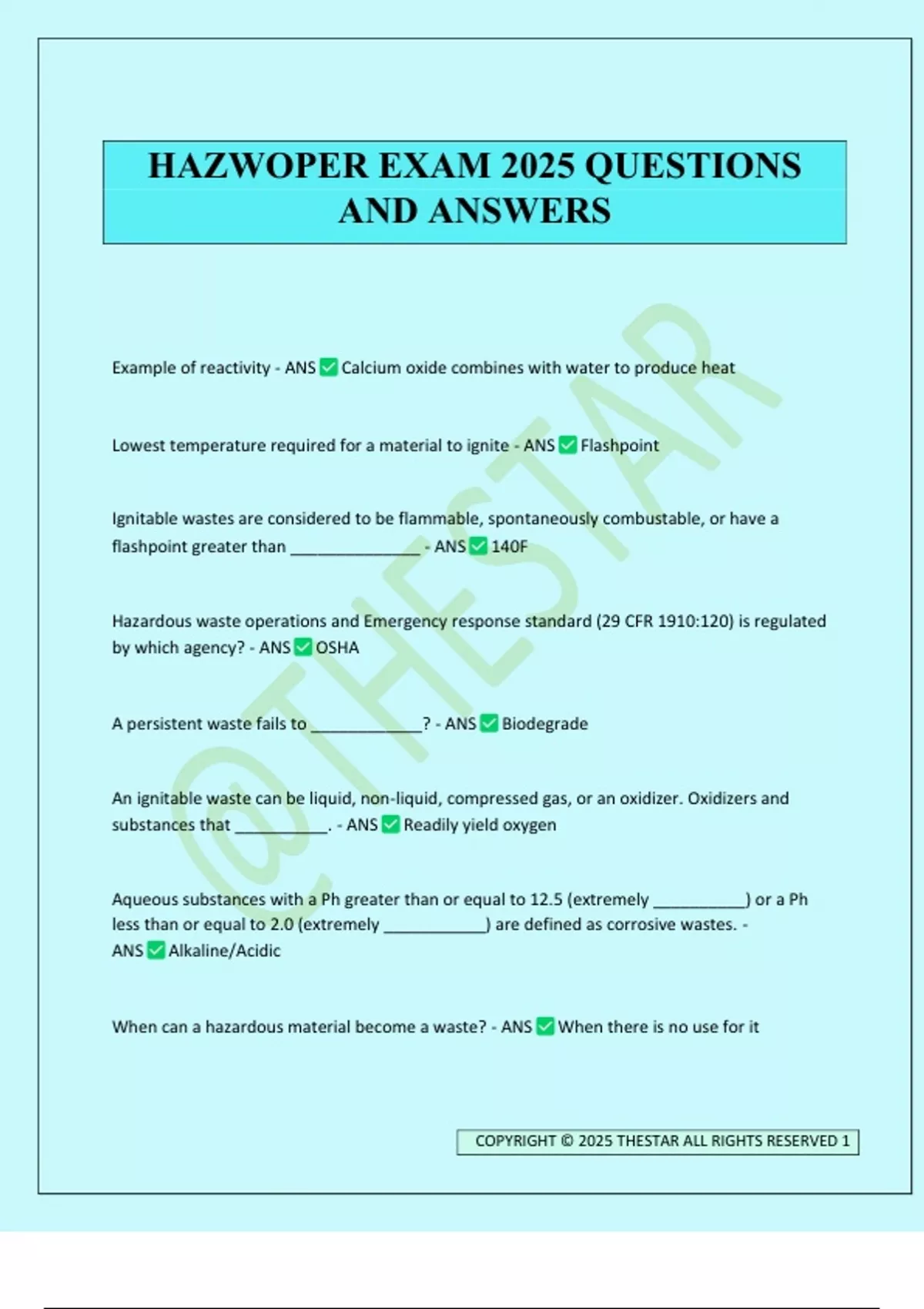 HAZWOPER EXAM 2025 QUESTIONS AND ANSWERS - HAZWOPER - Stuvia US