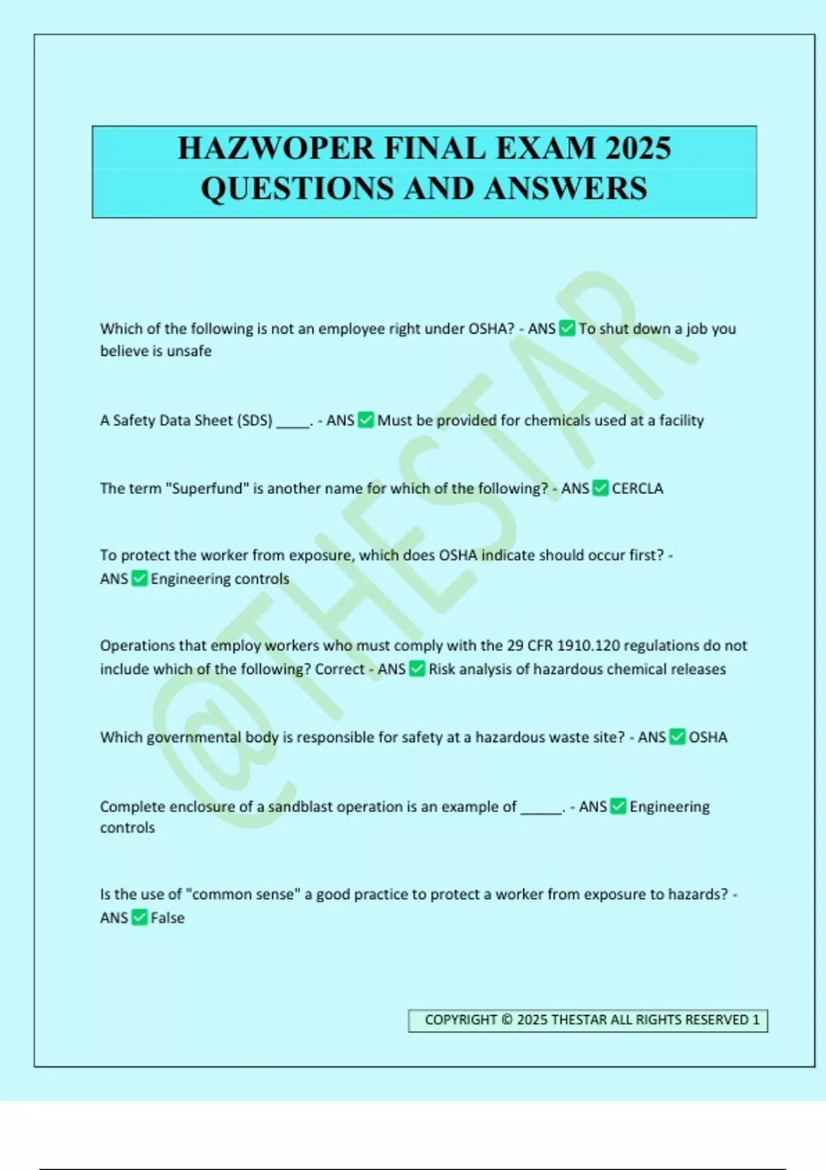 HAZWOPER FINAL EXAM 2025 QUESTIONS AND ANSWERS - HAZWOPER - Stuvia US