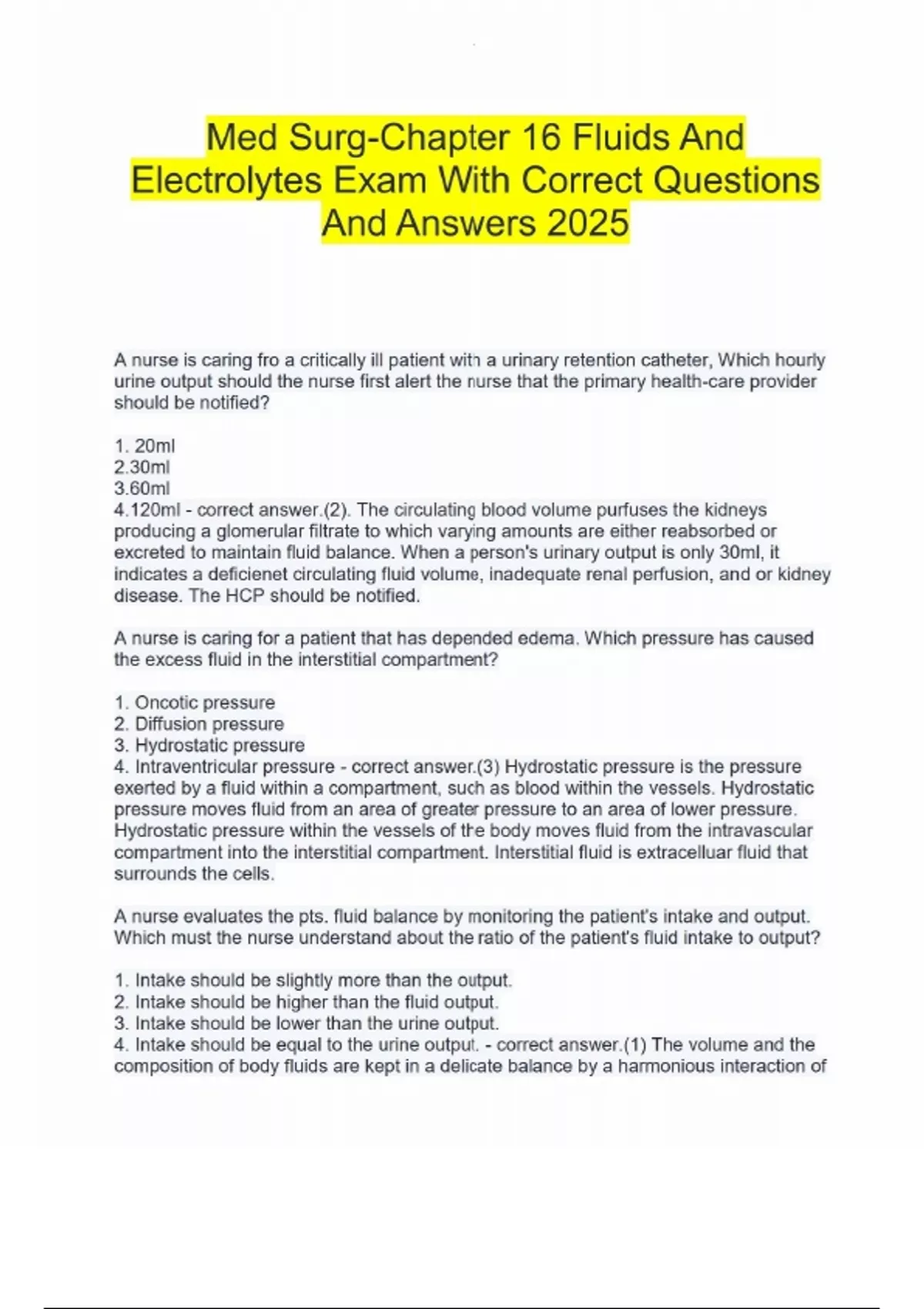 Med Surg-Chapter 16 Fluids And Electrolytes Exam With Correct Questions ...