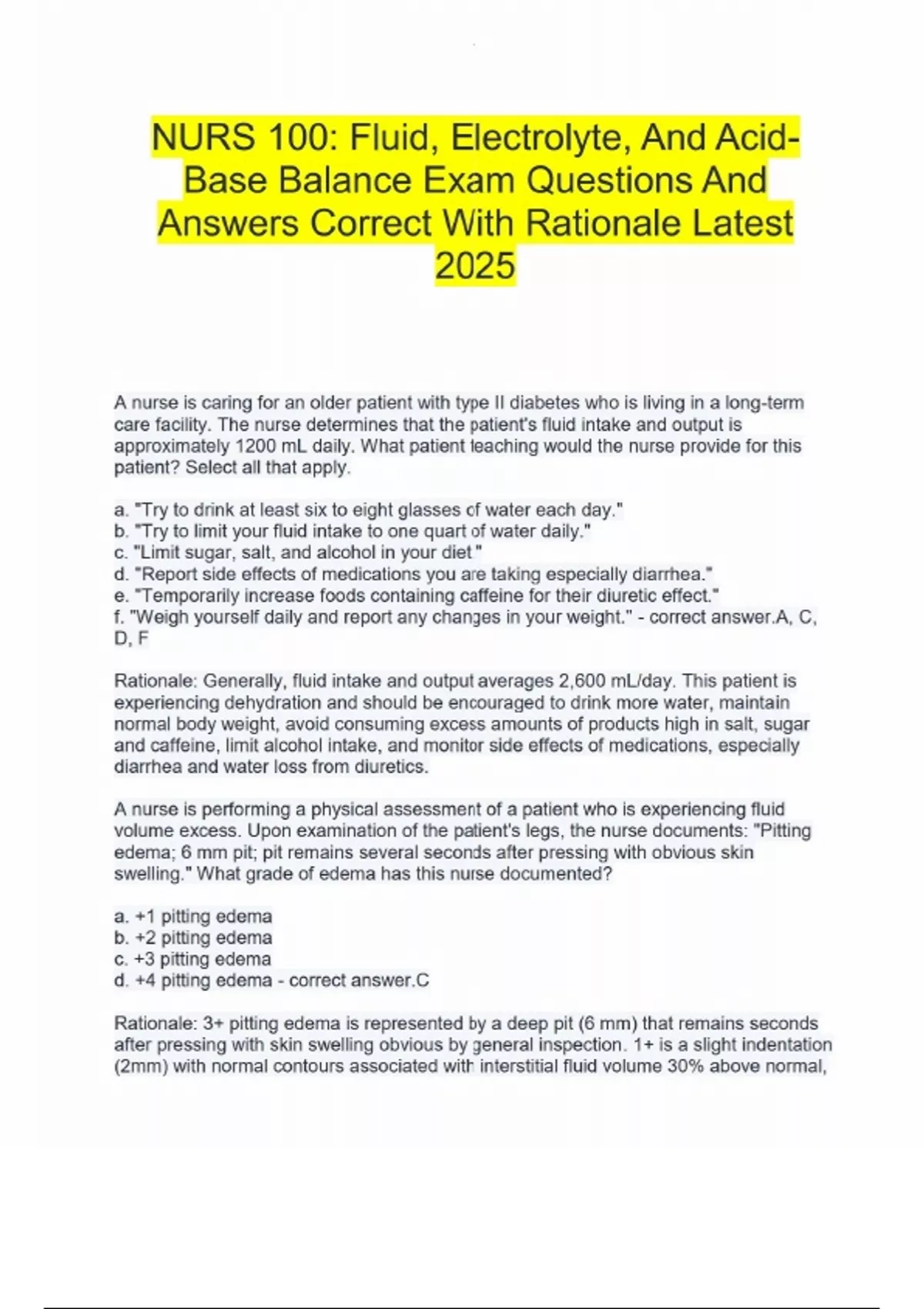 NURS 100: Fluid, Electrolyte, And Acid-Base Balance Exam Questions And ...