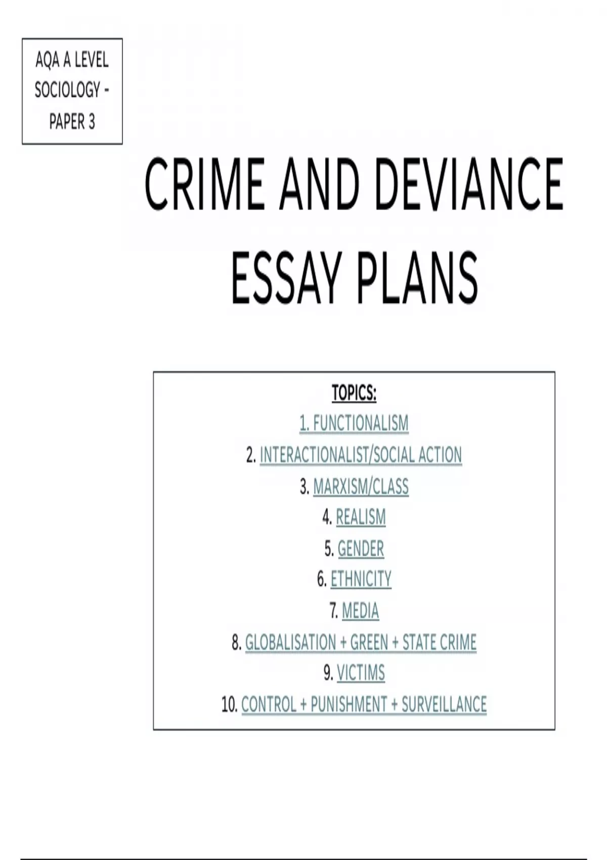 Summary CRIME ESSAY PLANS (AQA A LEVEL SOCIOLOGY PAPER 3) - Unit 4 ...