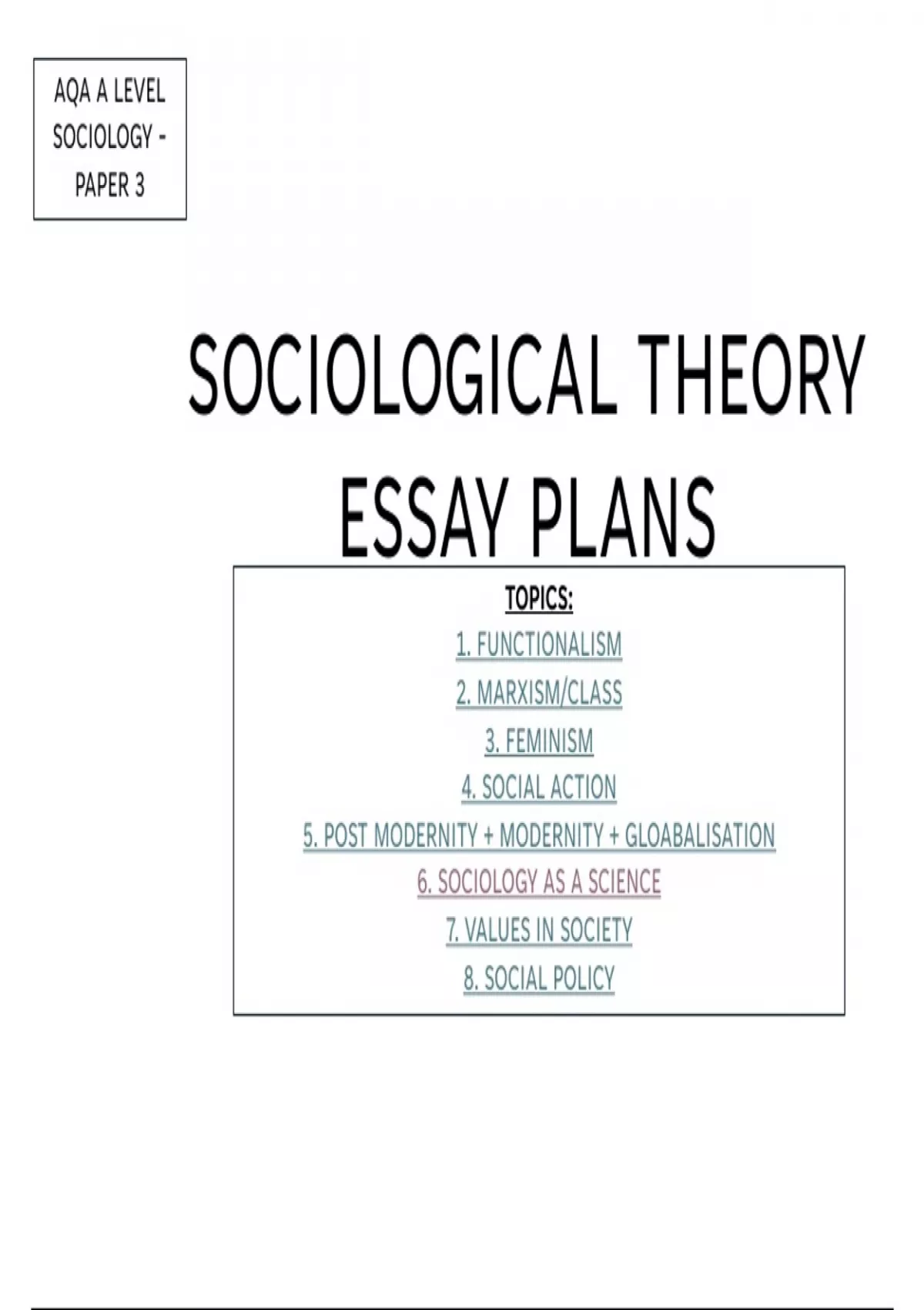 Summary SOCIOLOGICAL THEORY ESSAY PLANS (AQA A LEVEL SOCIOLOGY PAPER 3) - Unit 4 SCLY4 - Crime ...