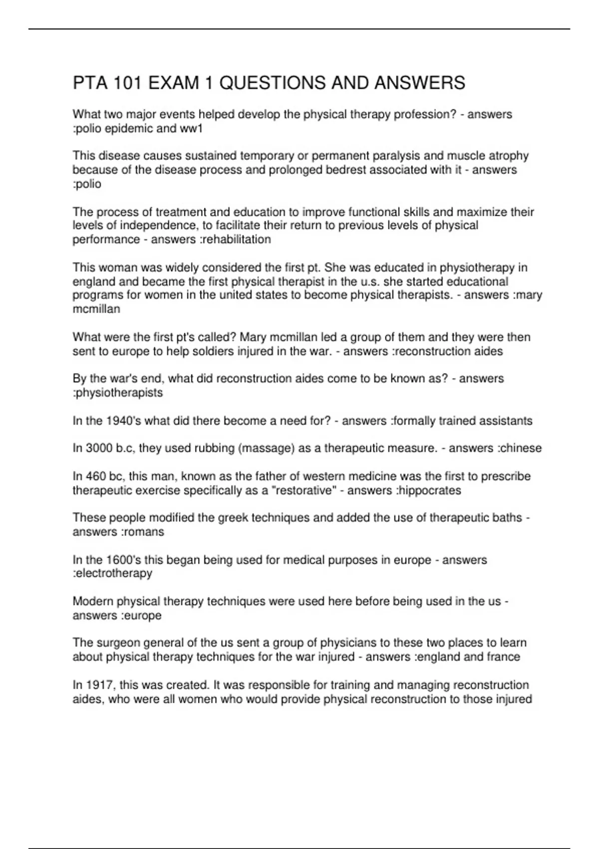 PTA 101 EXAM 1 QUESTIONS AND ANSWERS - PTA 101 - Stuvia US