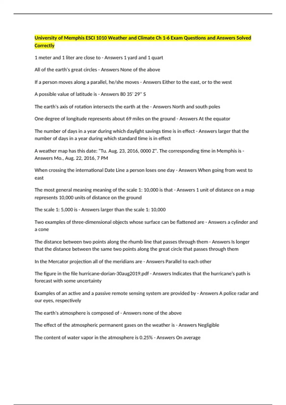 University of Memphis ESCI 1010 Weather and Climate Ch 1-6 Exam ...