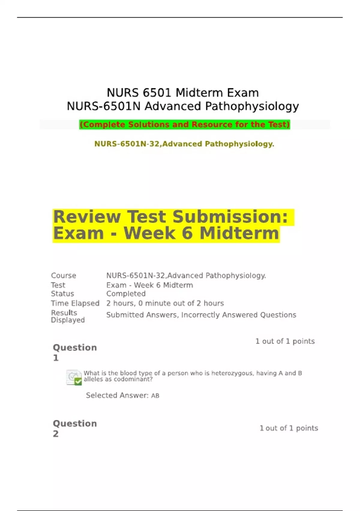 NURS 6501 Midterm Exam NURS-6501N Advanced Pathophysiology (Complete Solutions and Resource for ...