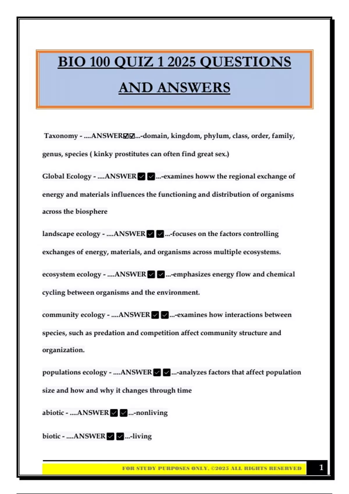 BIO 100 QUIZ 1 2025 QUESTIONS AND ANSWERS - BIO 100 - Stuvia US