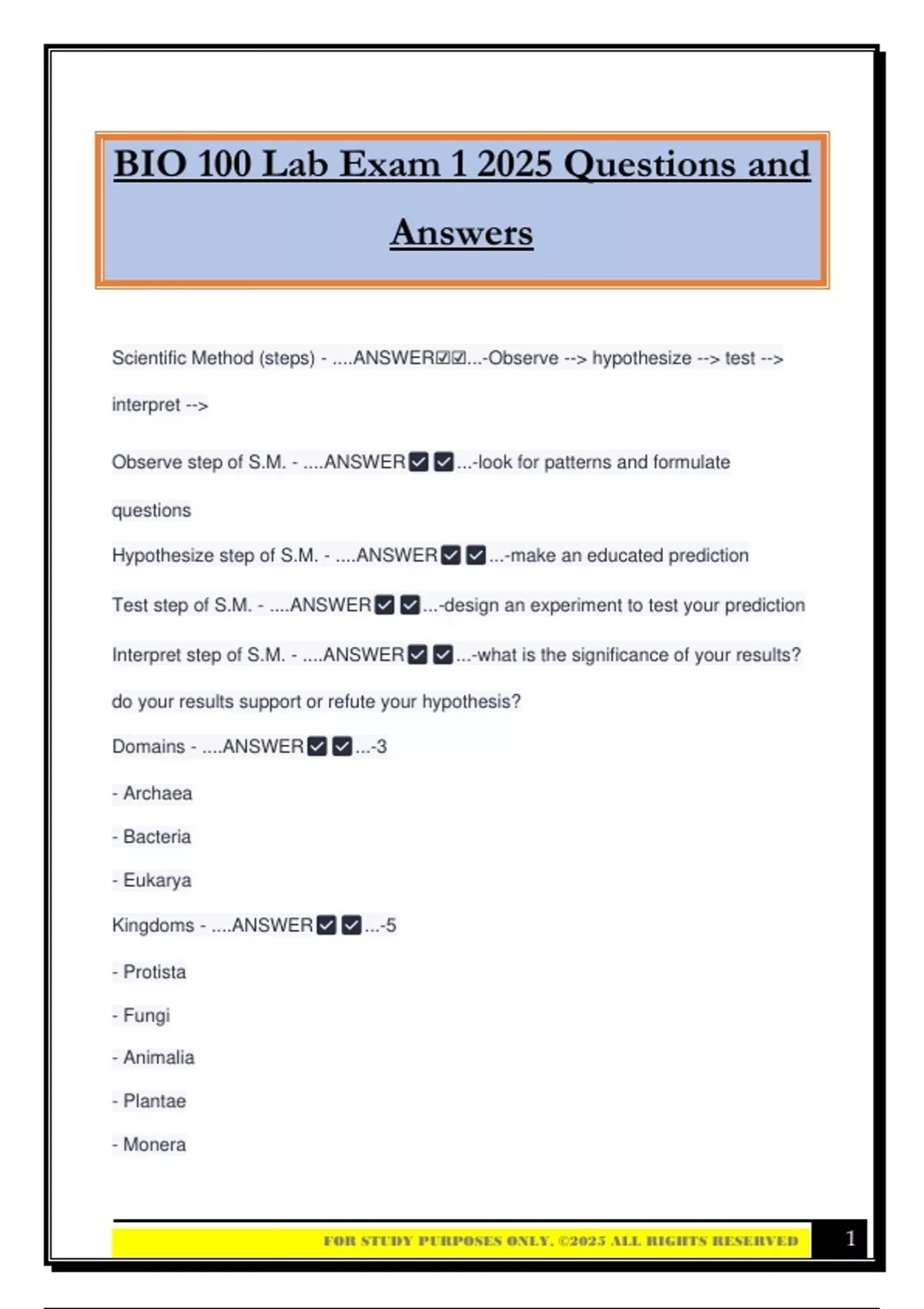BIO 100 Lab Exam 1 2025 Questions and Answers - BIO 100 - Stuvia US