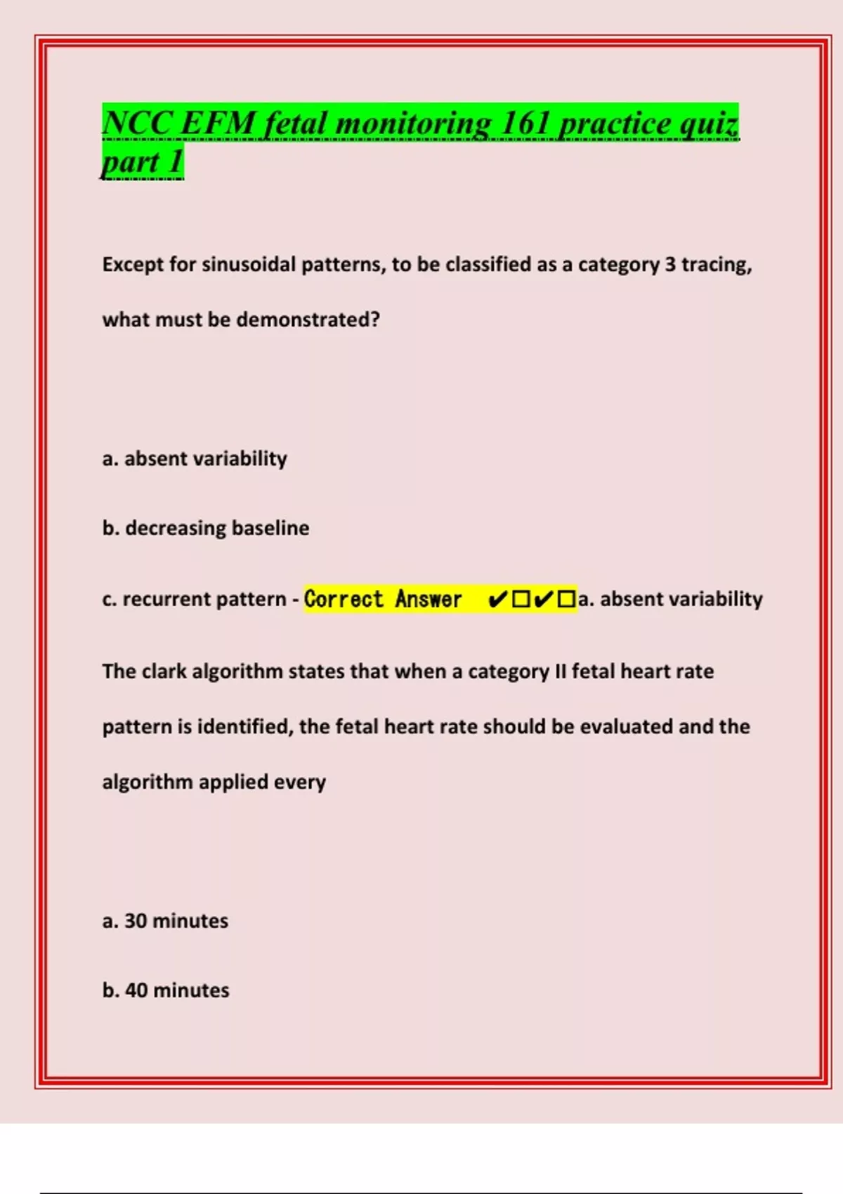 NCC EFM fetal monitoring 161 practice quiz part 1 With Definitive Exam ...