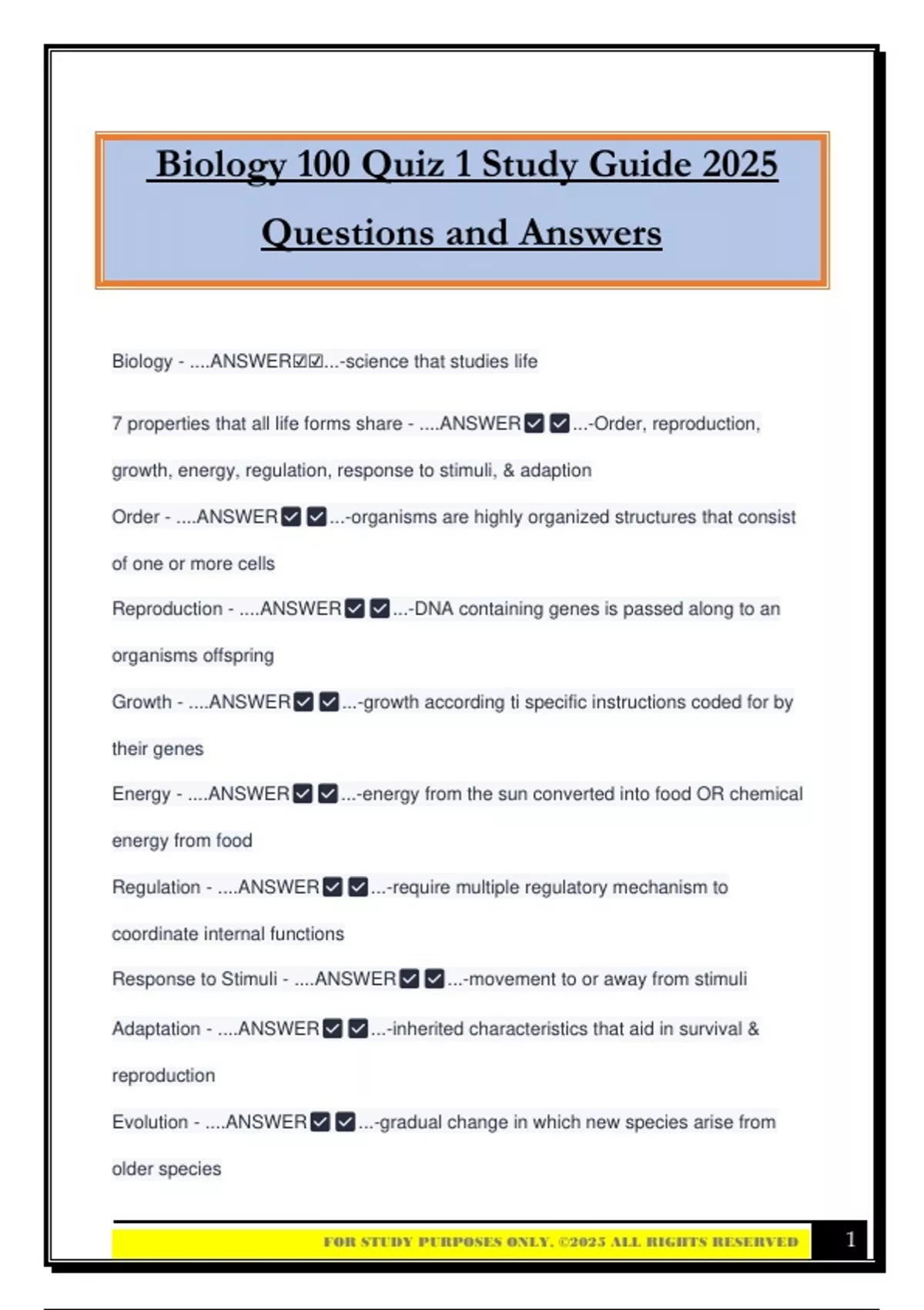 Biology 100 Quiz 1 Study Guide 2025 Questions and Answers - BIO 100 ...