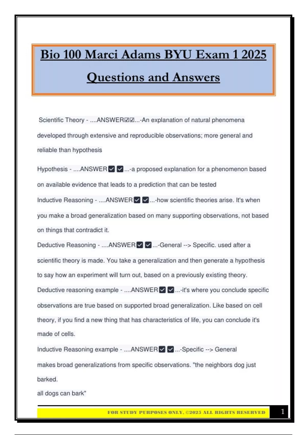 Bio 100 Marci Adams BYU Exam 1 2025 Questions and Answers - BIO 100 ...