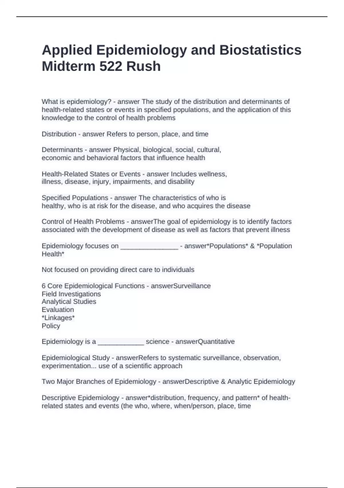 Applied Epidemiology and Biostatistics Midterm 522 Rush Questions and Answers - NSG 522 - Stuvia US