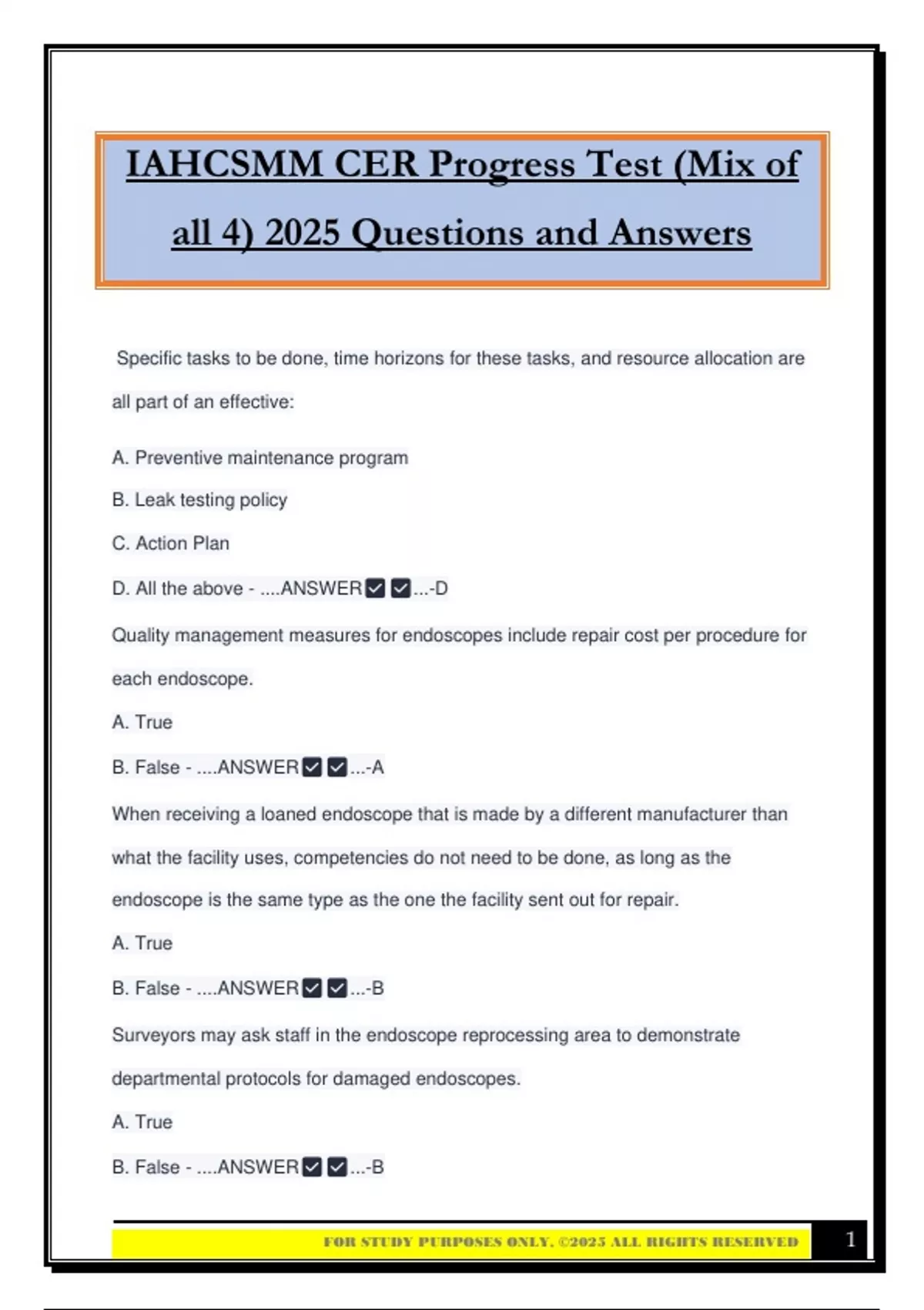 IAHCSMM CER Progress Test (Mix of all 4) 2025 Questions and Answers ...
