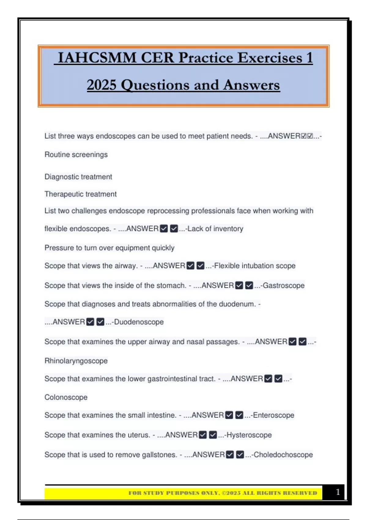 IAHCSMM CER Practice Exercises 1 2025 Questions and Answers - CER - Stuvia US
