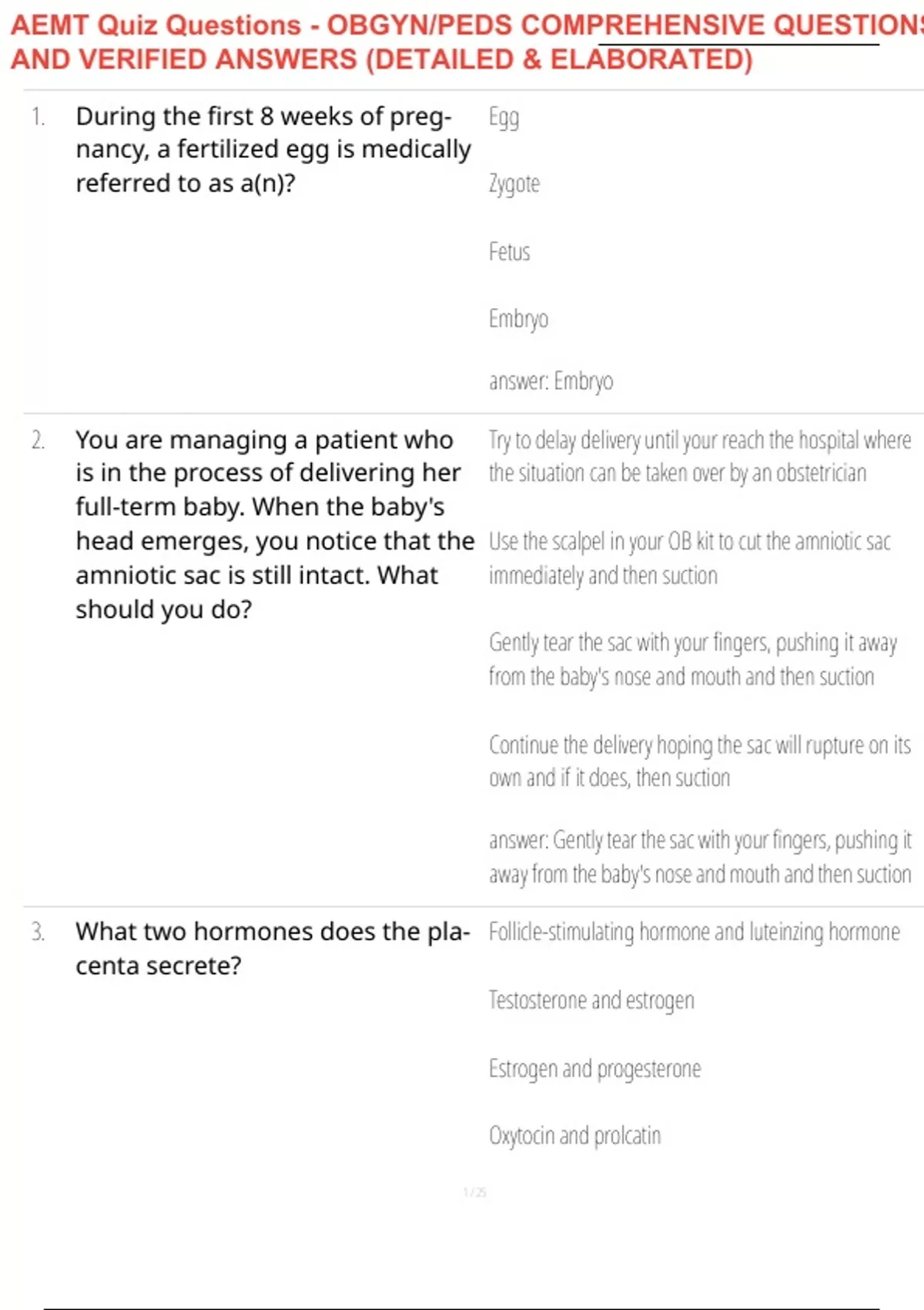AEMT Quiz Questions - OBGYN/PEDS COMPREHENSIVE QUESTIONS AND VERIFIED ...