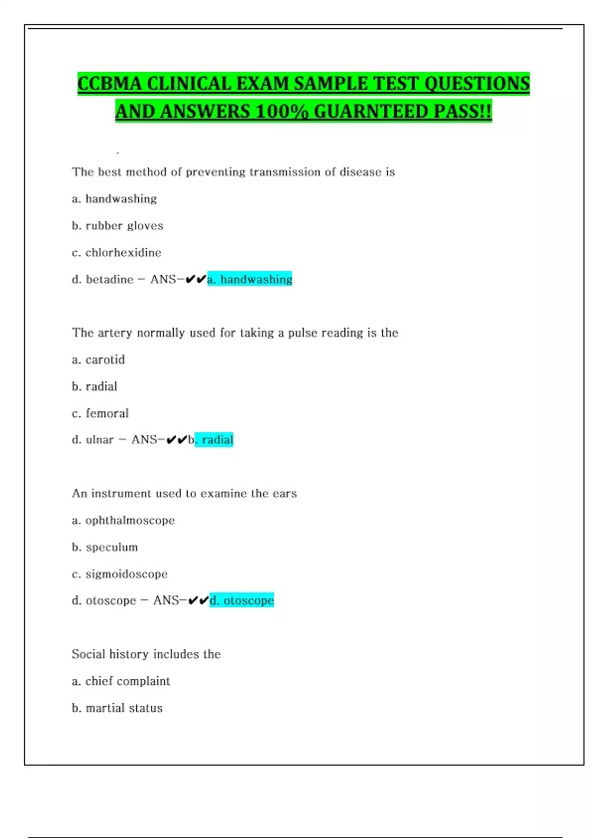 CCBMA CLINICAL EXAM SAMPLE TEST QUESTIONS AND ANSWERS 100% GUARNTEED ...