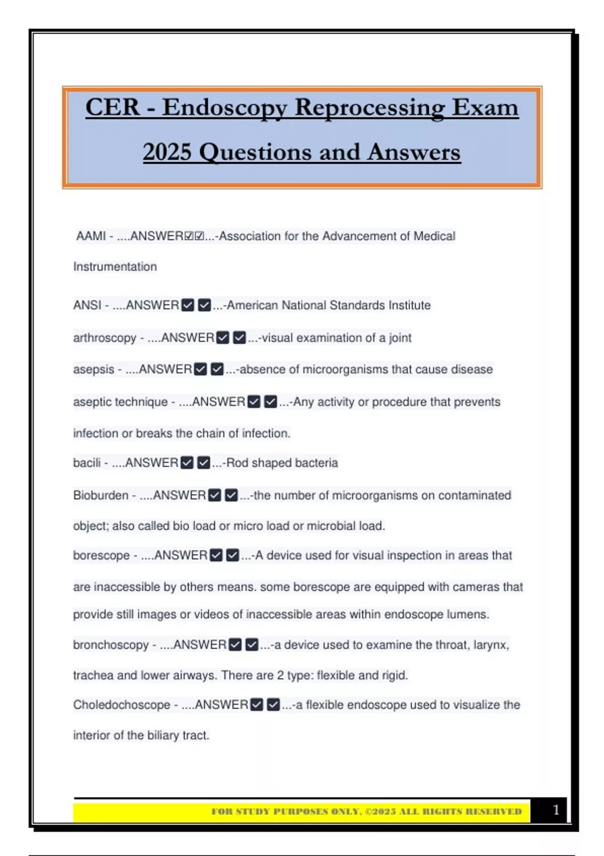 CER - Endoscopy Reprocessing Exam 2025 Questions and Answers - CER - Stuvia US