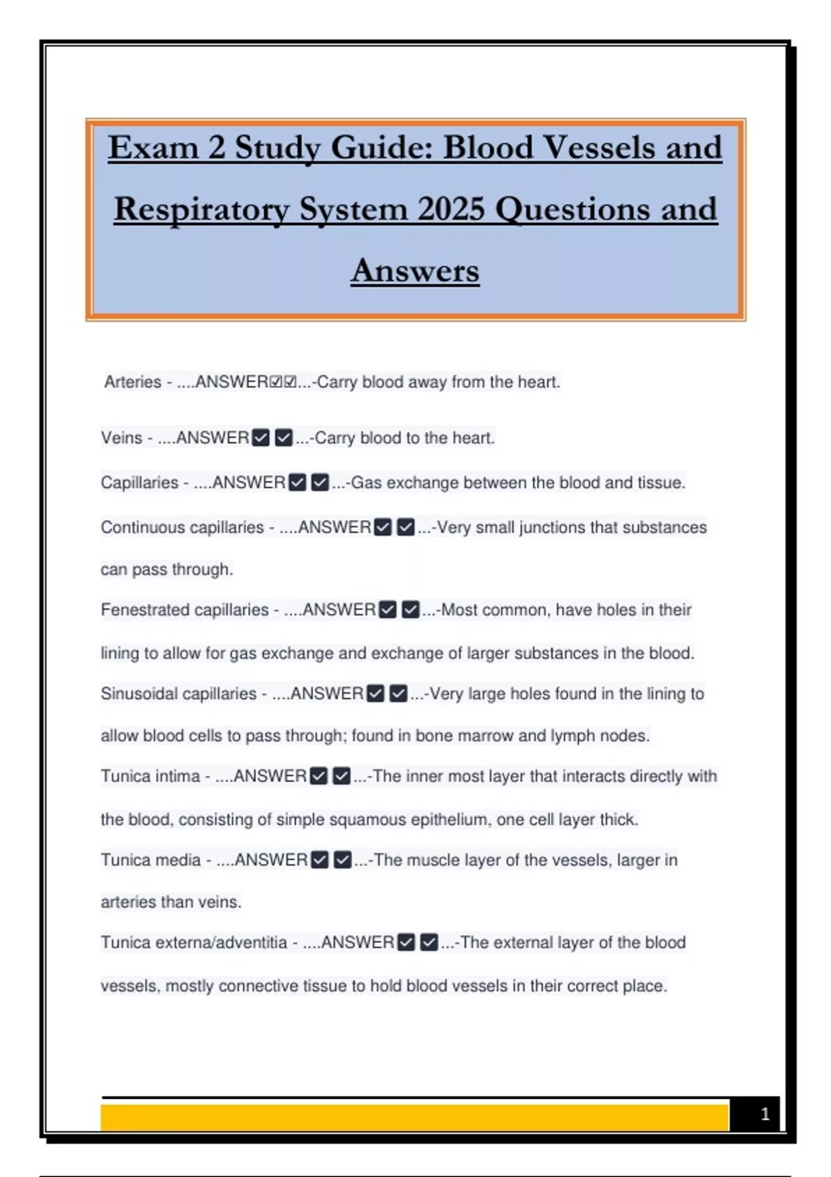 Exam 2 Study Guide: Blood Vessels and Respiratory System 2025 Questions and Answers - BIOL 322 ...