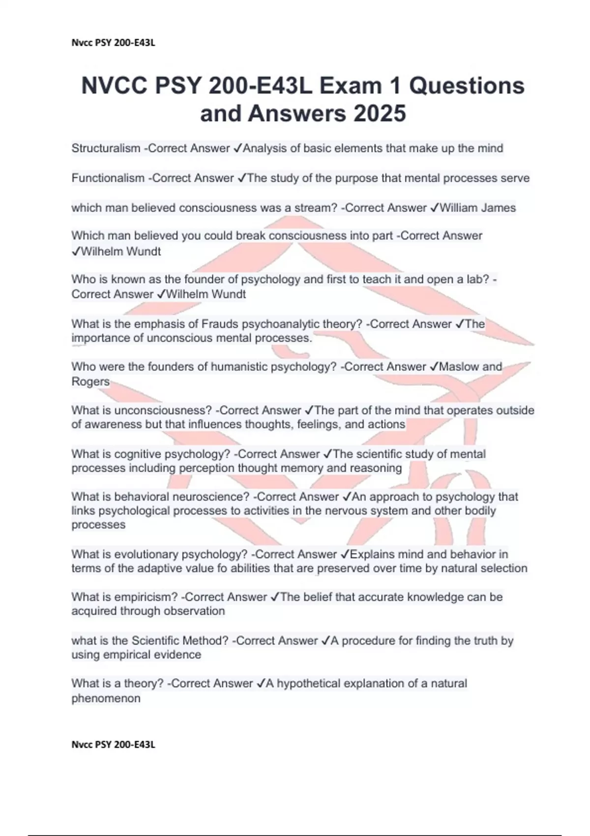 NVCC PSY 200-E43L Exam 1 Questions and Answers 2025 - NVCC PSY 200-E43L - Stuvia US