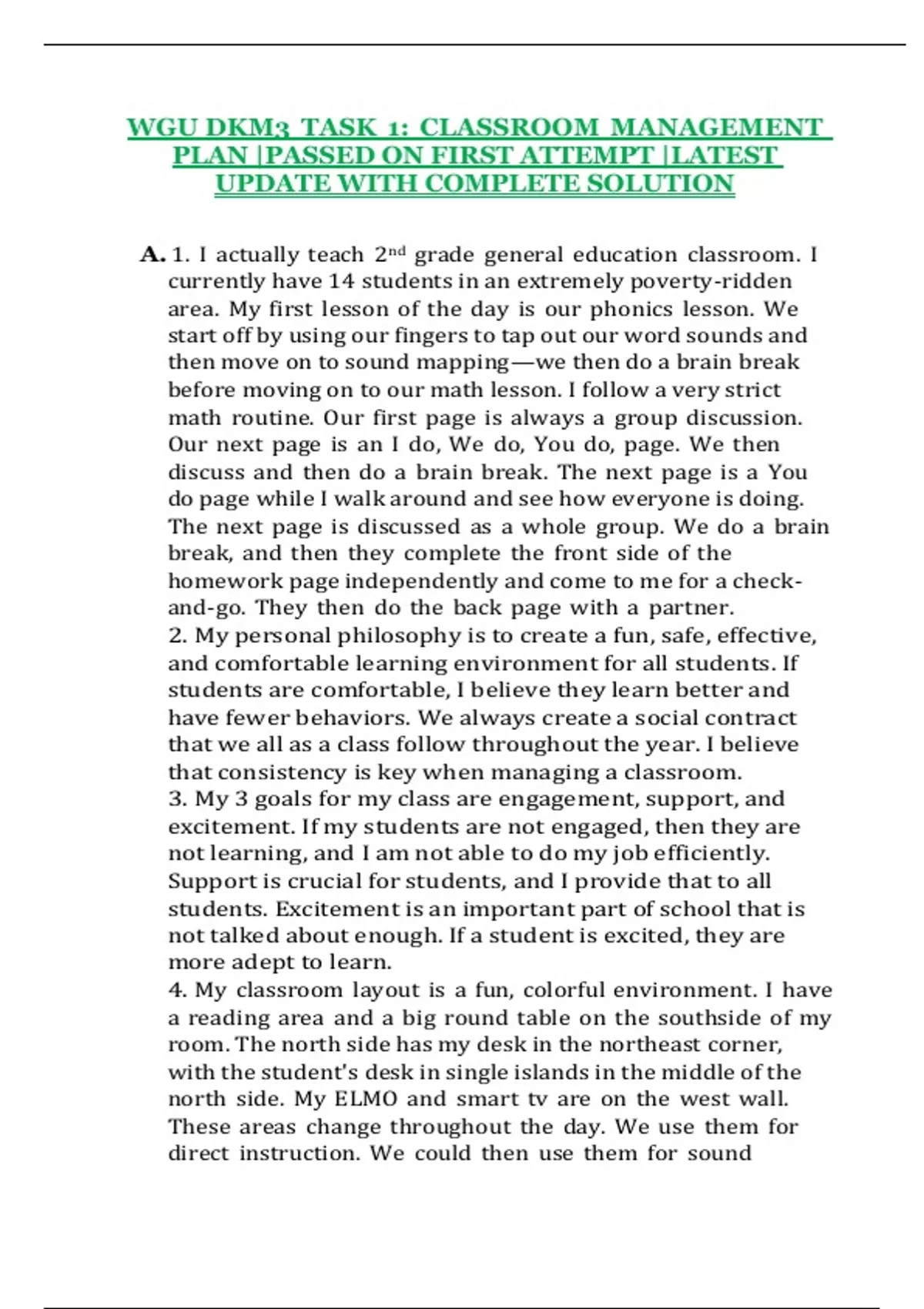 WGU DKM3 TASK 1: CLASSROOM MANAGEMENT PLAN |PASSED ON FIRST ATTEMPT ...