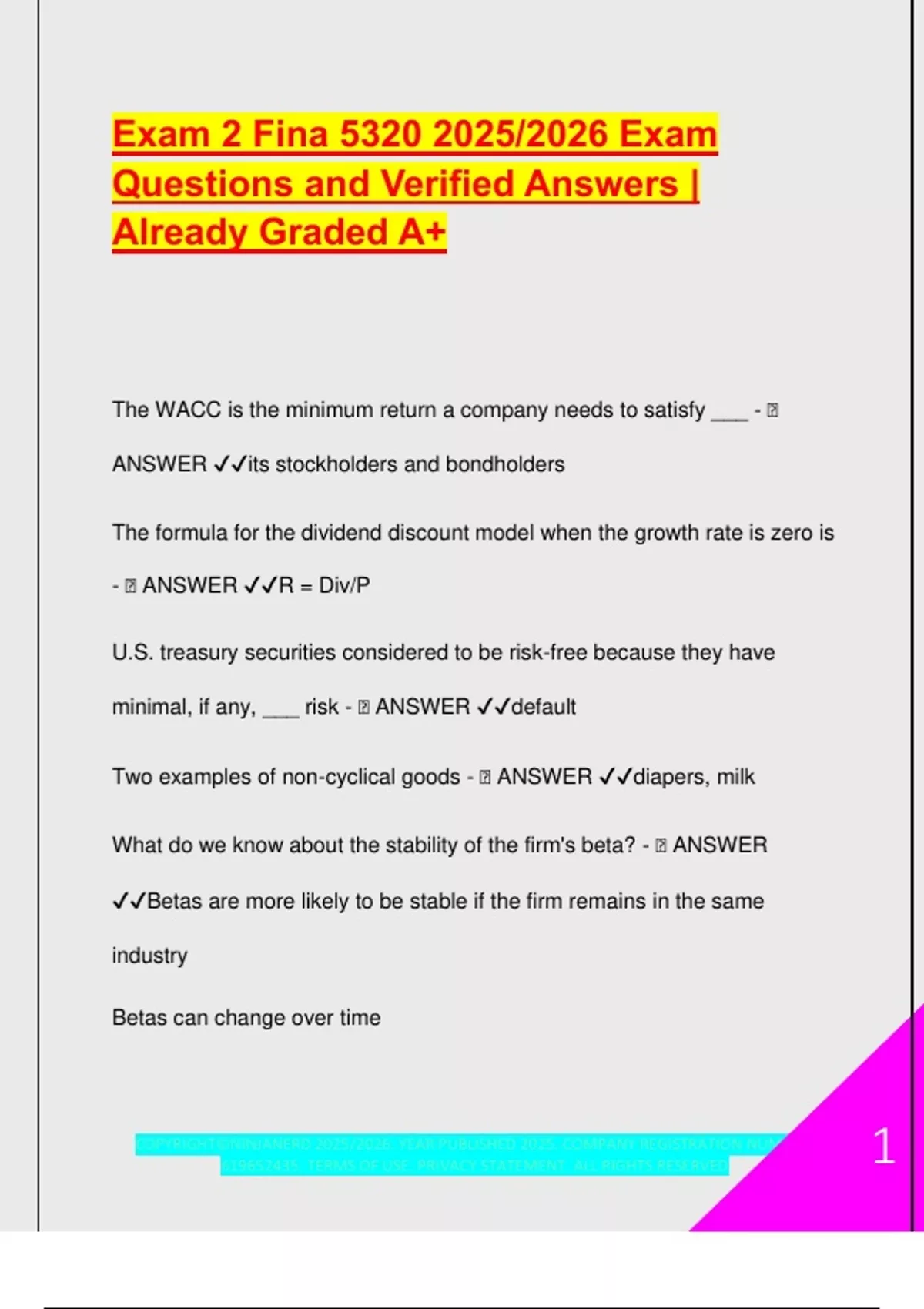 FINA 5320 Exam 2 – 2025/2026 Advanced Finance Study Guide with Verified ...