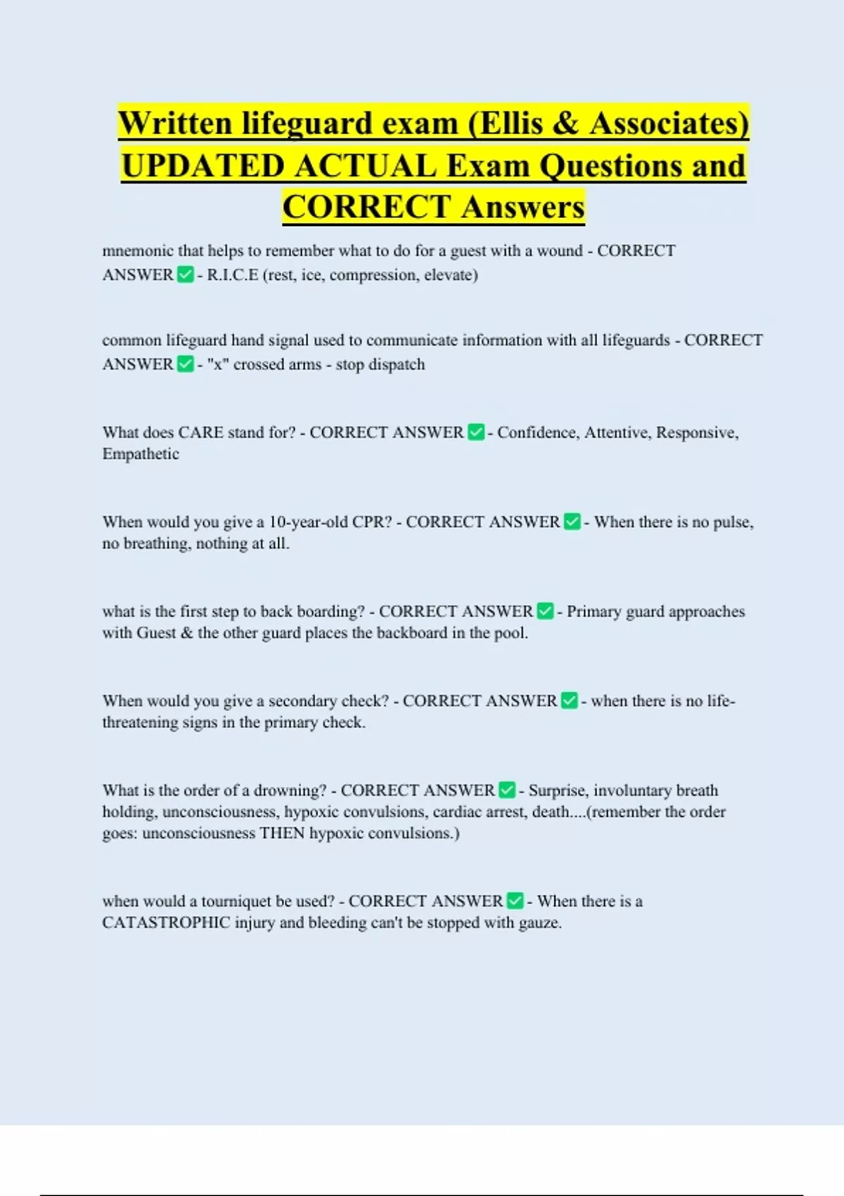 Written lifeguard exam (Ellis & Associates) UPDATED ACTUAL Exam ...