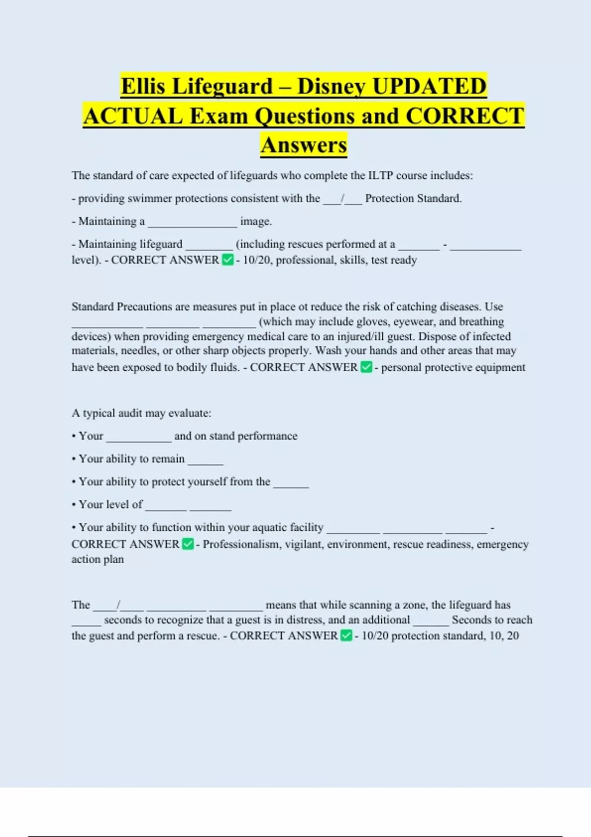 Ellis Lifeguard – Disney UPDATED ACTUAL Exam Questions and CORRECT ...