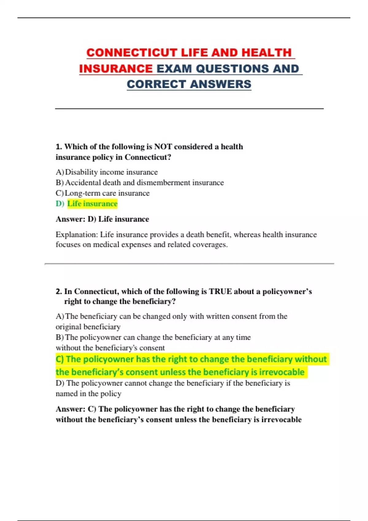 Connecticut Life and Health Insurance – 2025 – Complete Exam Questions ...