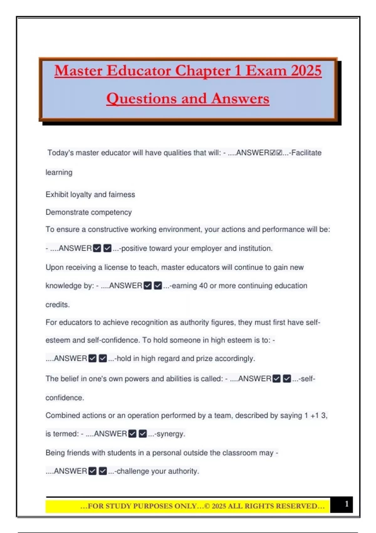 Master Educator Chapter 1 Exam 2025 Questions and Answers - Master ...