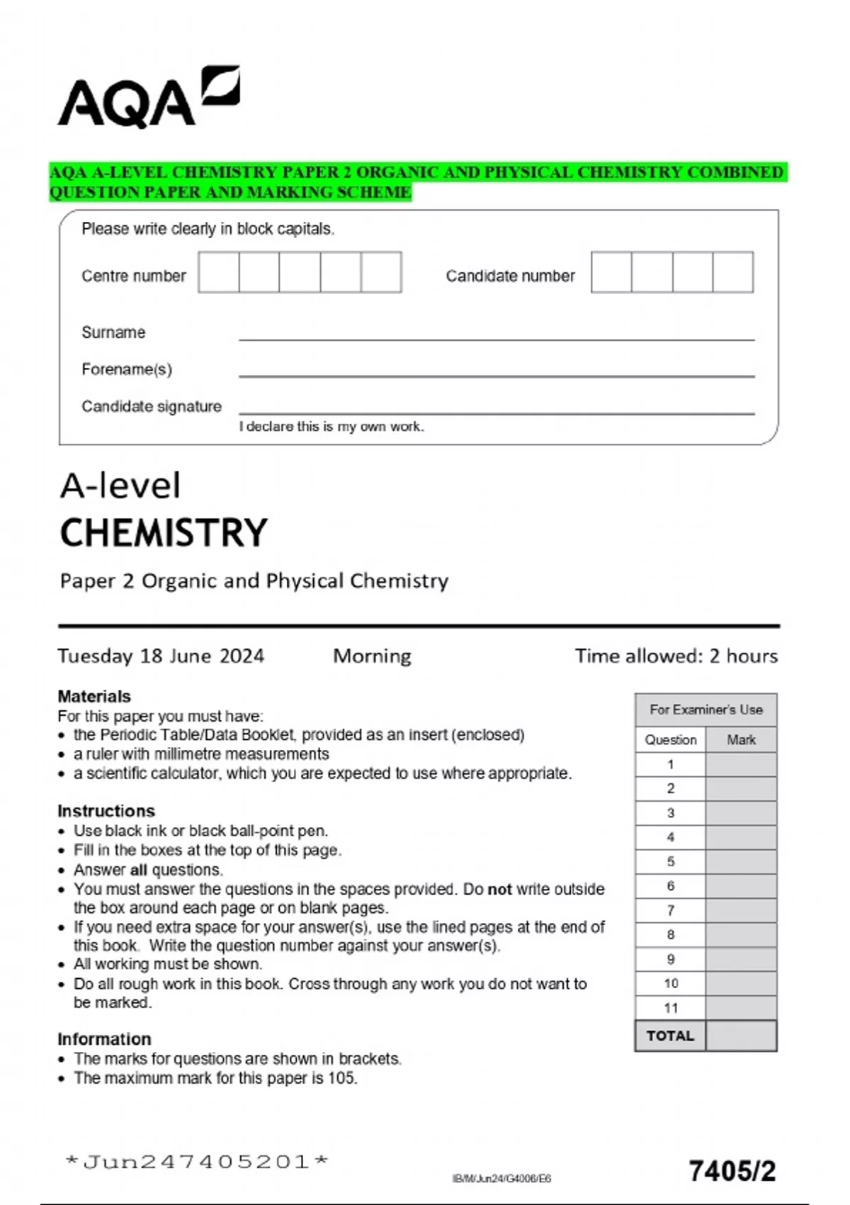 AQA A-LEVEL CHEMISTRY PAPER 2 ORGANIC AND PHYSICAL CHEMISTRY COMBINED ...