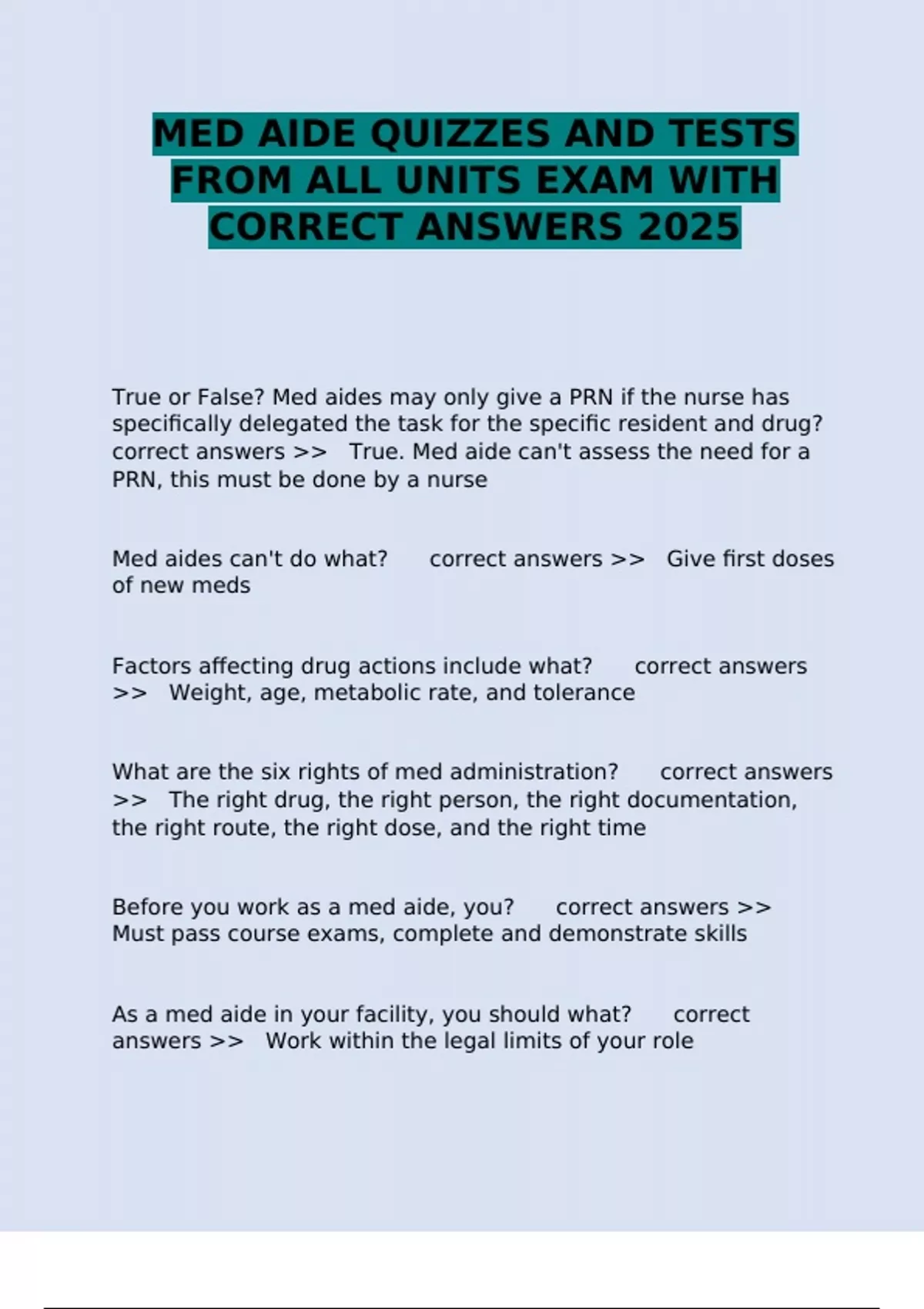 MED AIDE QUIZZES AND TESTS FROM ALL UNITS EXAM WITH CORRECT ANSWERS ...