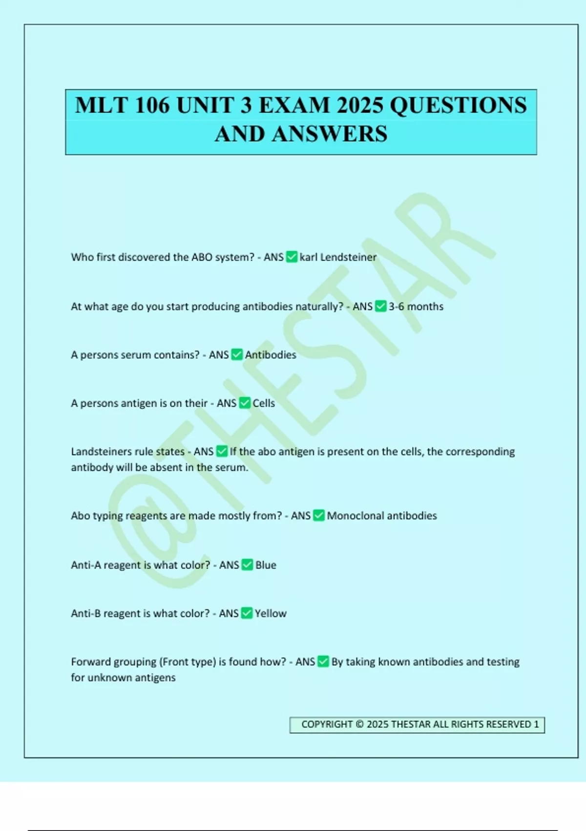 MLT 106 UNIT 3 EXAM 2025 QUESTIONS AND ANSWERS - MLT 106 - Stuvia US