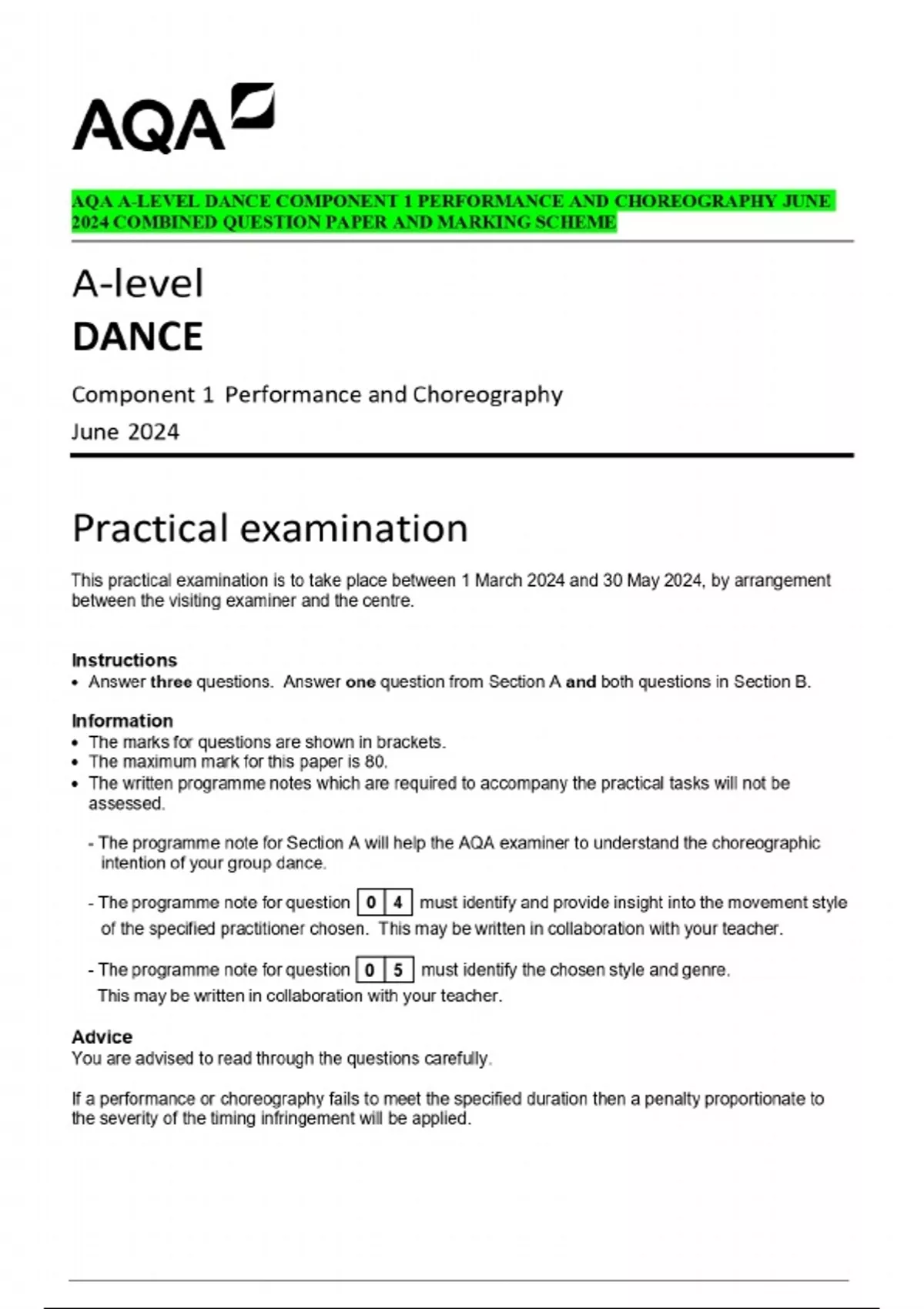 AQA A-LEVEL DANCE COMPONENT 1 PERFORMANCE AND CHOREOGRAPHY JUNE 2024 ...