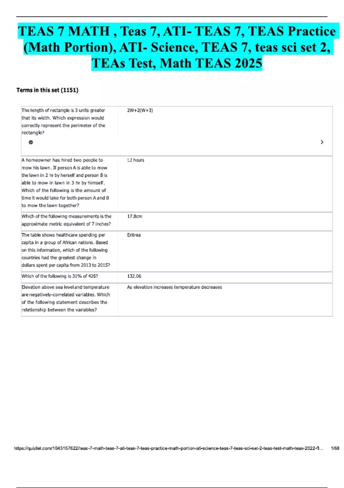 TEAS 7 MATH , Teas 7, ATI- TEAS 7, TEAS Practice (Math Portion), ATI ...