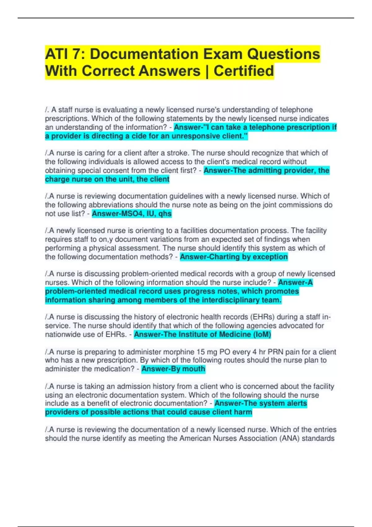ATI 7: Documentation Exam Questions With Correct Answers | Certified ...