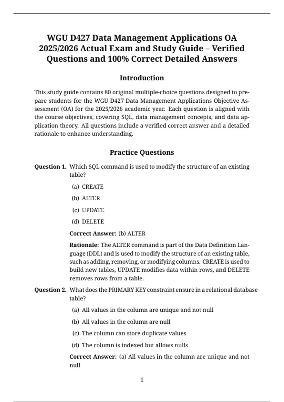 WGU D427 Data Management Applications OA 2025/2026 Actual Exam and ...