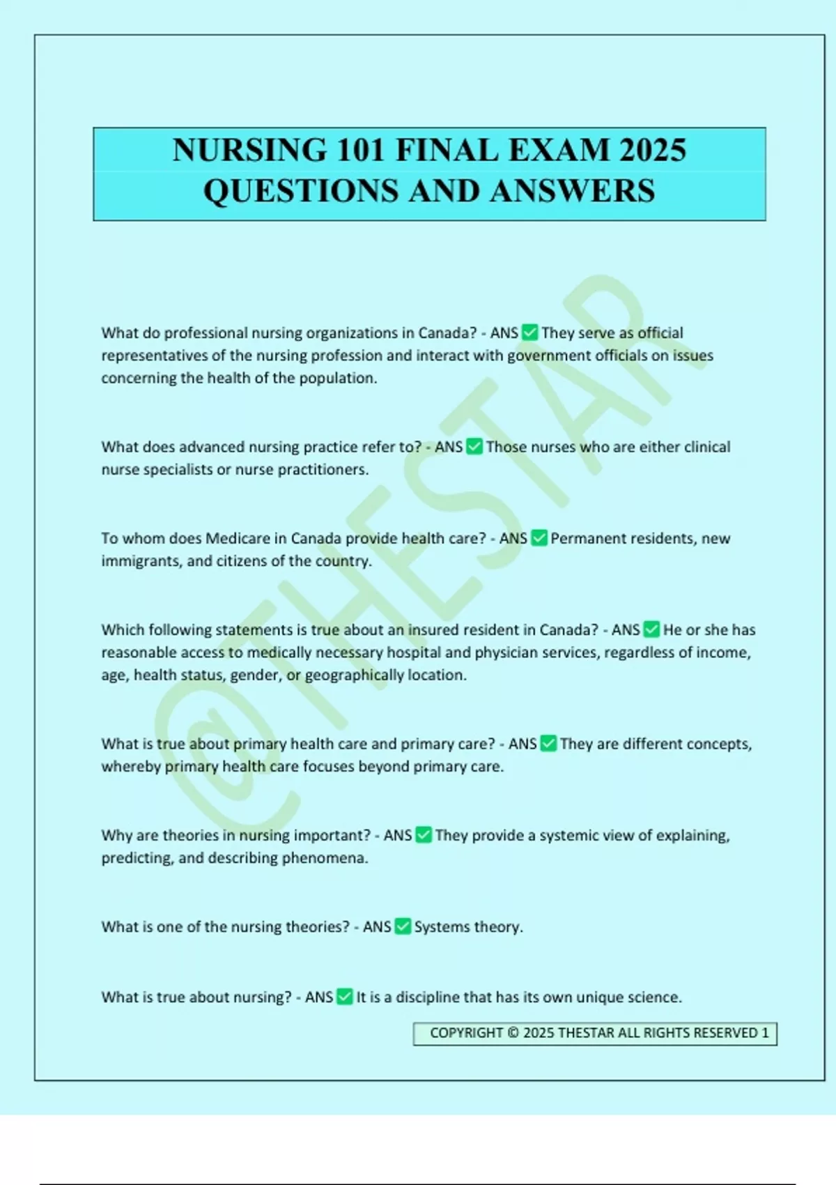 NURSING 101 FINAL EXAM 2025 QUESTIONS AND ANSWERS - Nursing 101 - Stuvia US