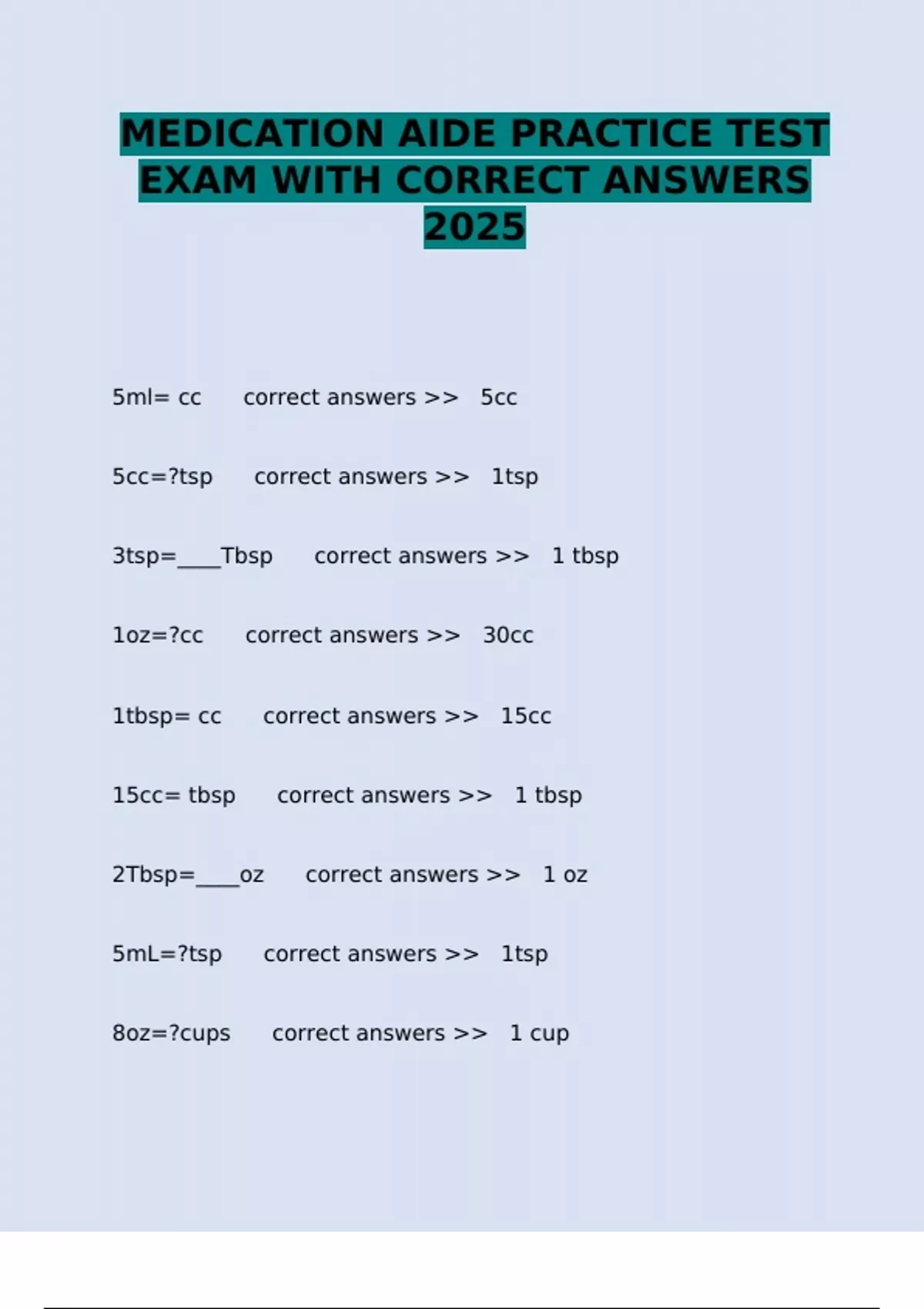 MEDICATION AIDE PRACTICE TEST EXAM WITH CORRECT ANSWERS 2025 ...