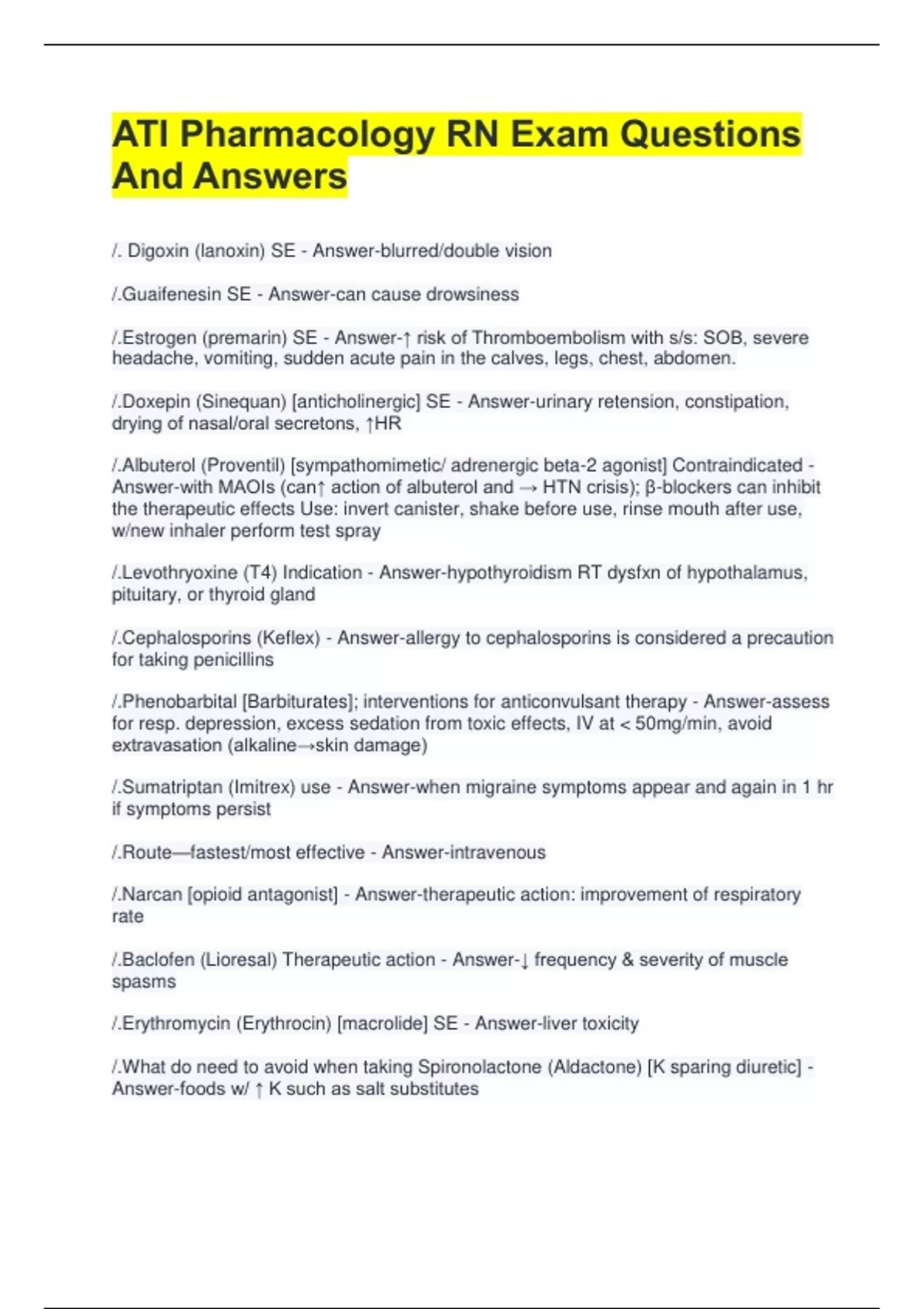 ATI Pharmacology RN Exam Questions And Answers - ATI Pharmacology RN ...