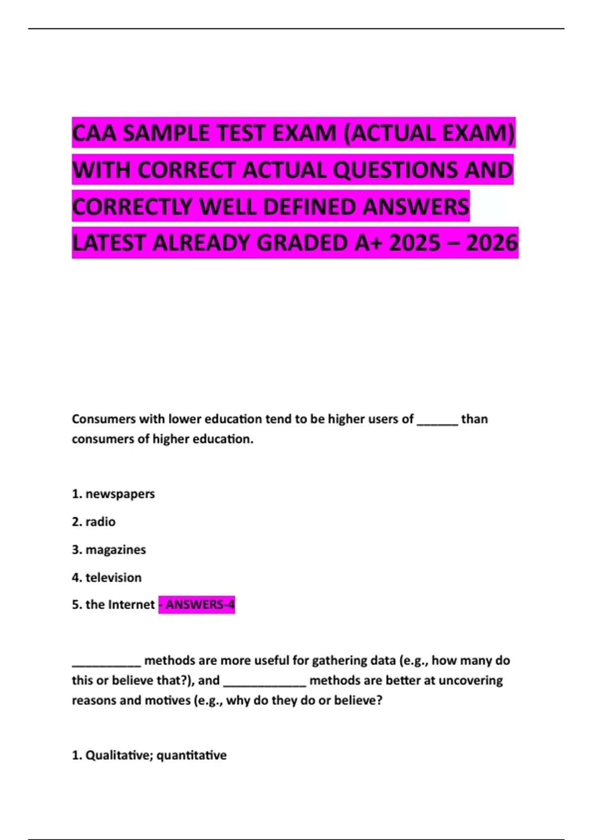 CAA SAMPLE TEST EXAM (ACTUAL EXAM) WITH CORRECT ACTUAL QUESTIONS AND ...