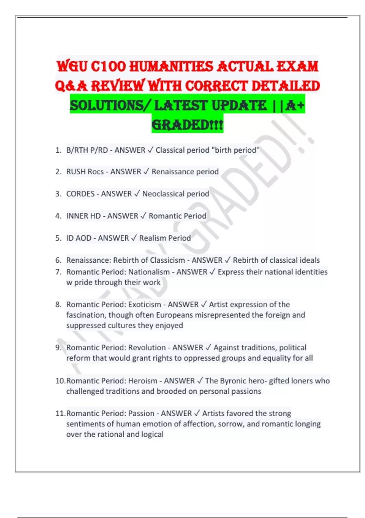 WGU C100 HUMANITIES ACTUAL EXAM Q&A REVIEW WITH CORRECT DETAILED ...