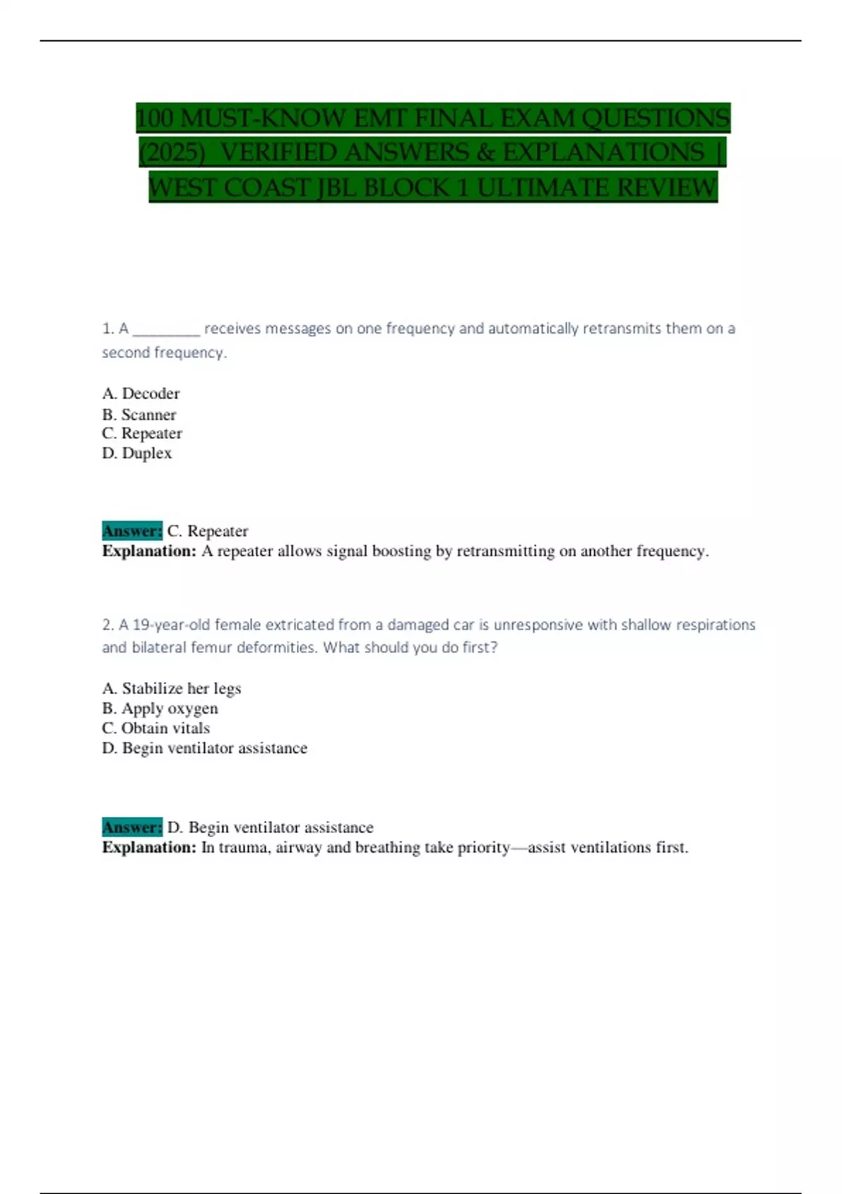 EMT Final Exam Prep 2025: 100 Must-Know Questions & Verified Answers ...