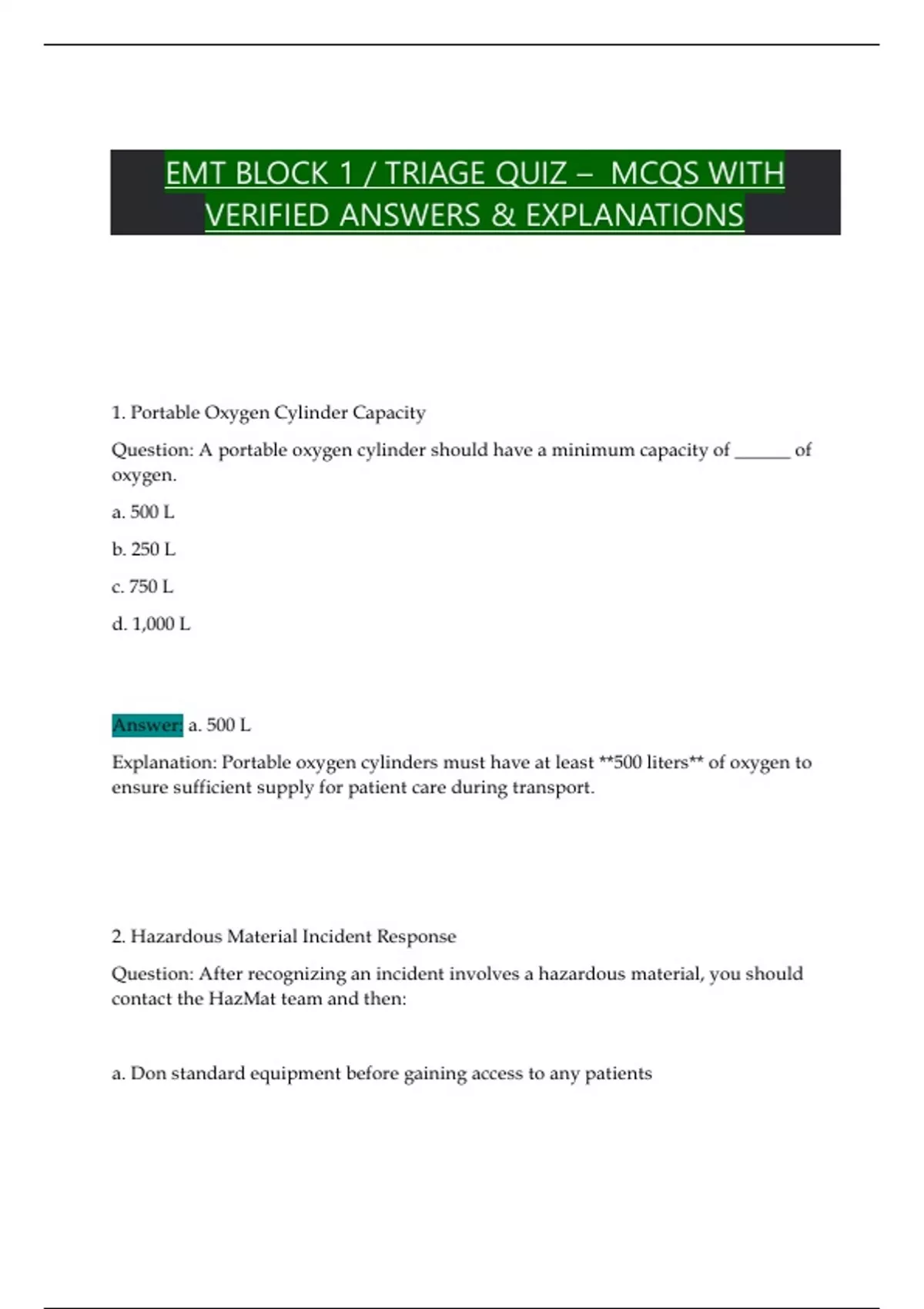 EMT Block 1 Triage Quiz: 2025 Verified Solutions & Explanations - NREMT ...