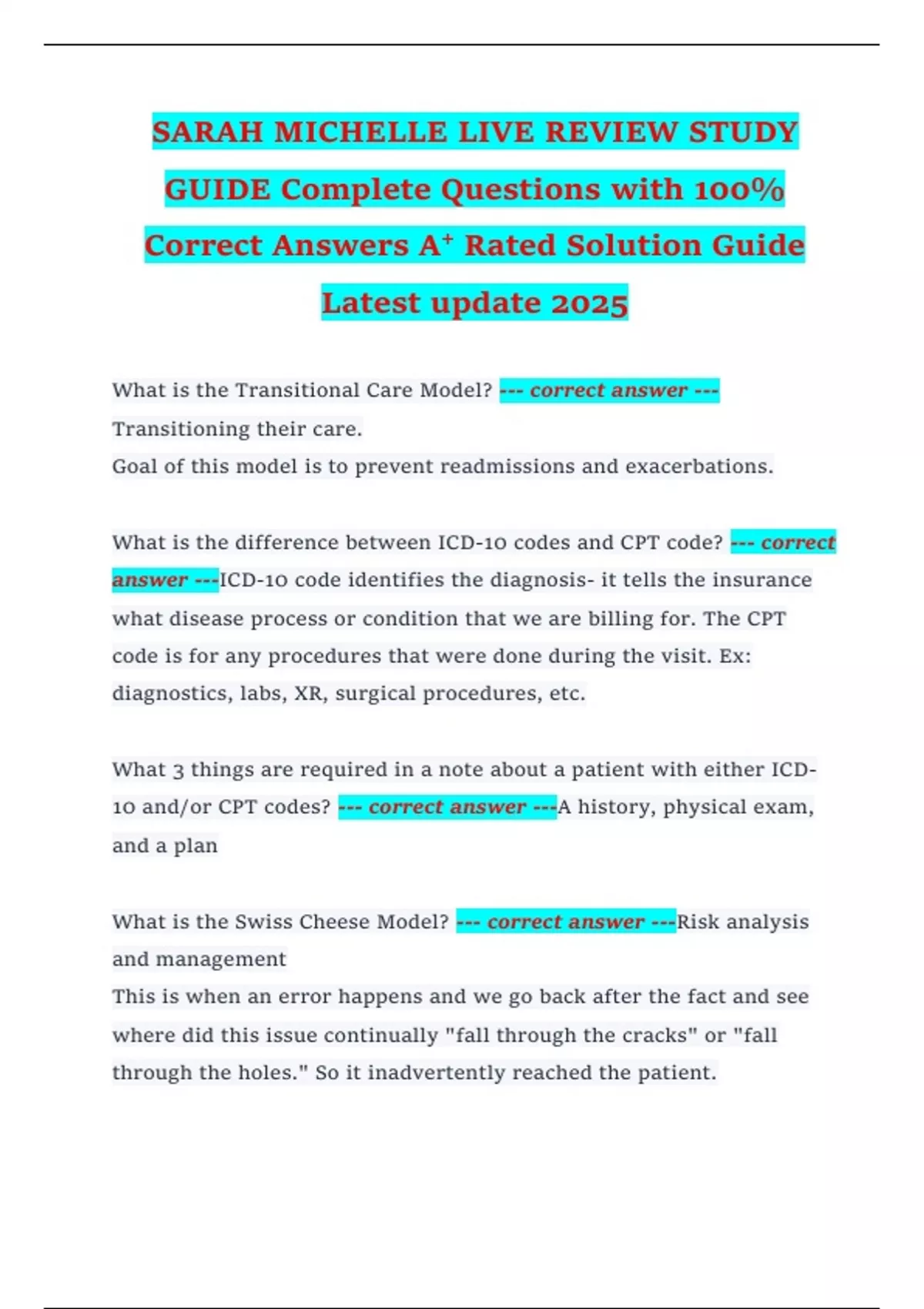 SARAH MICHELLE LIVE REVIEW STUDY GUIDE Complete Questions with 100% ...